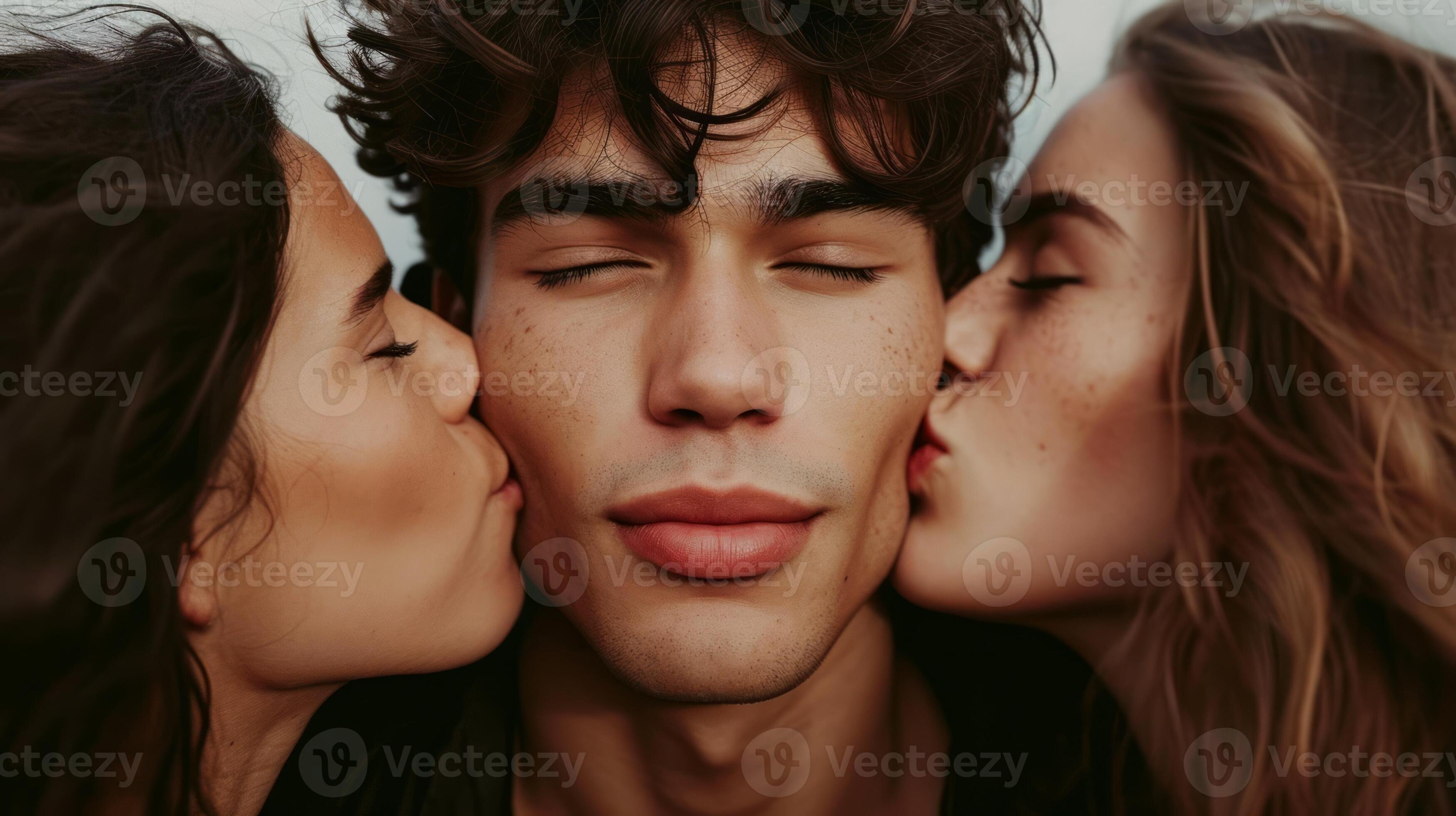 AI generated Two brunette women kissing brunette man on the cheeks. Concept of love, affection ...