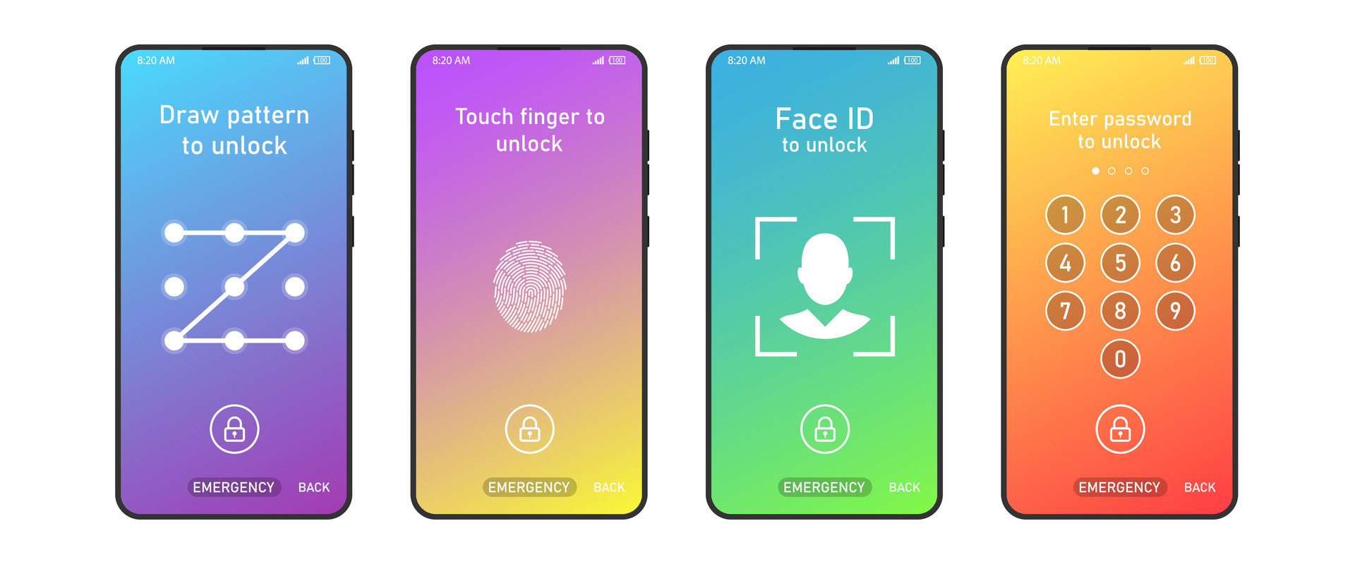 Screen Lock. Set of four mobile phone screen loch Passcode interface ... Screen Lock. Set of four mobile phone screen loch Passcode interface ...