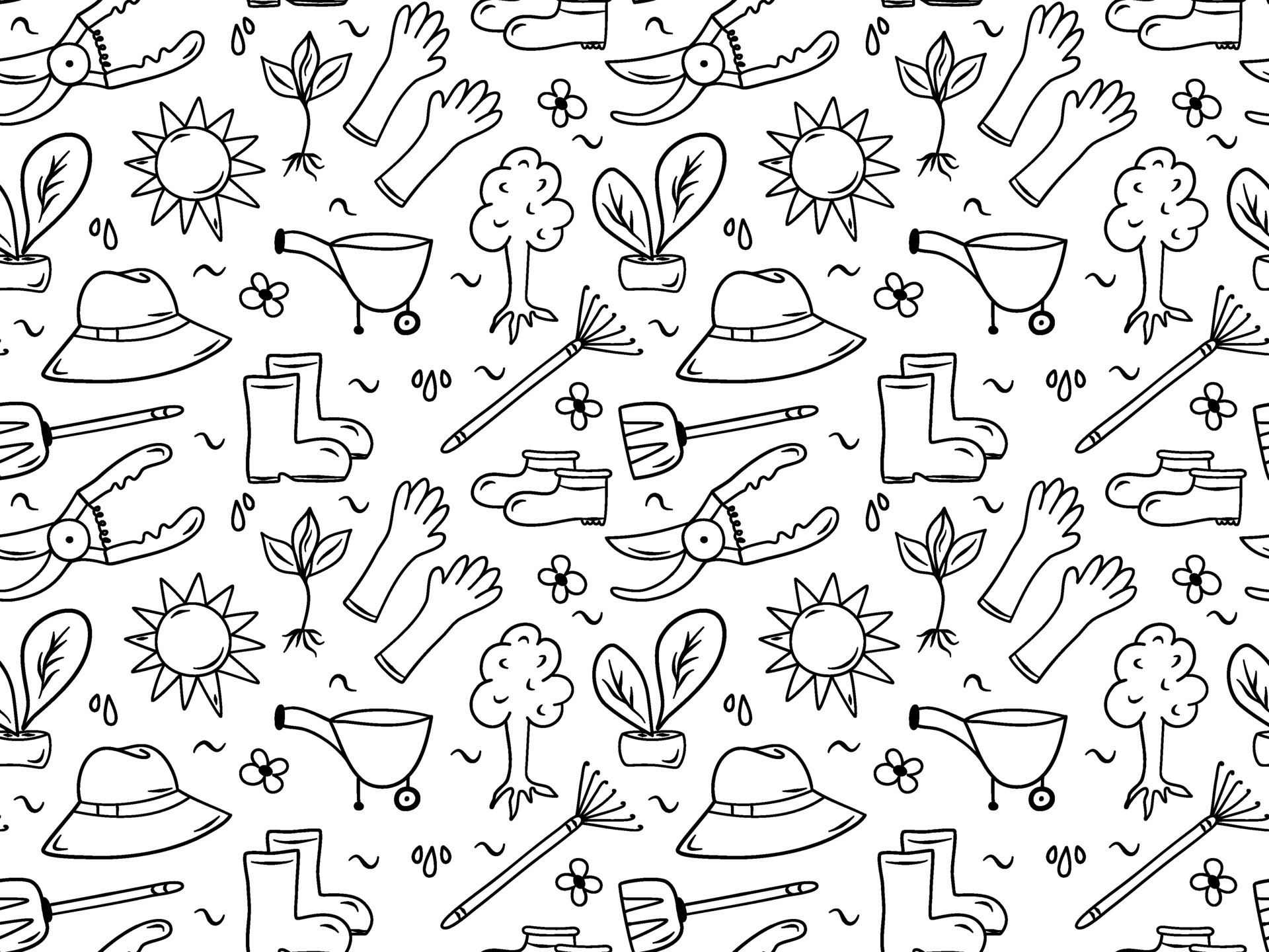 Doodle Garden Seamless Pattern With Shovel Plant Equipment Hand