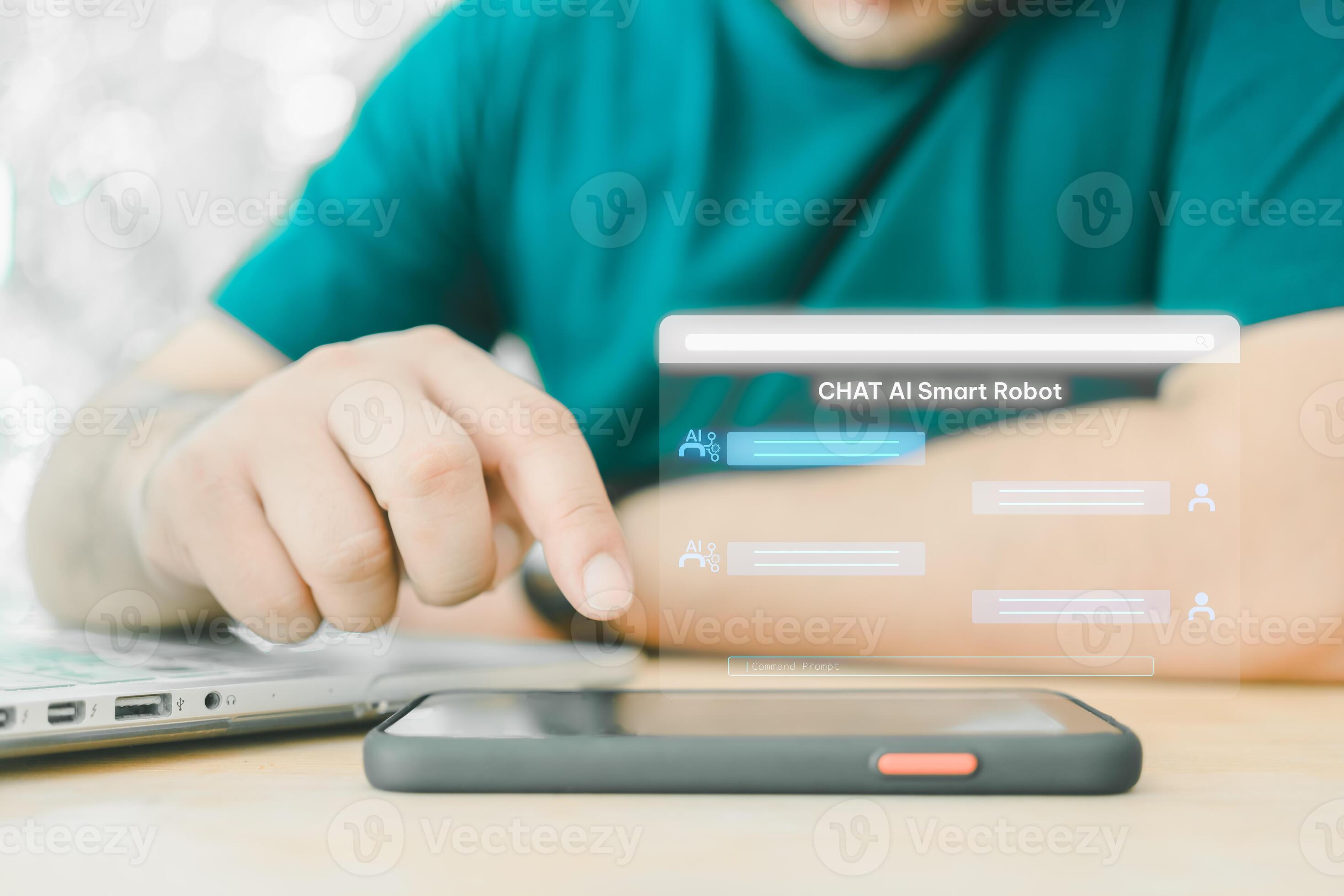 Man Use Phone To Using Command Prompt Chat Ai For Generating Something Futuristic Technology