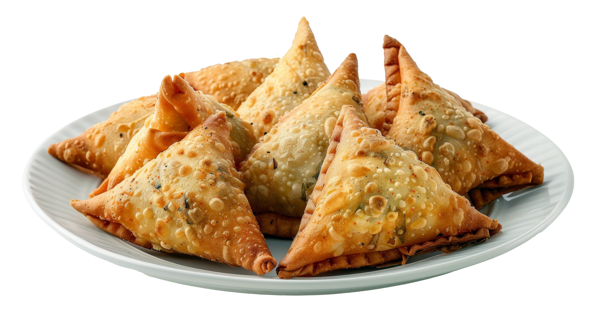 AI generated Golden fried samosas served on a white plate on ...