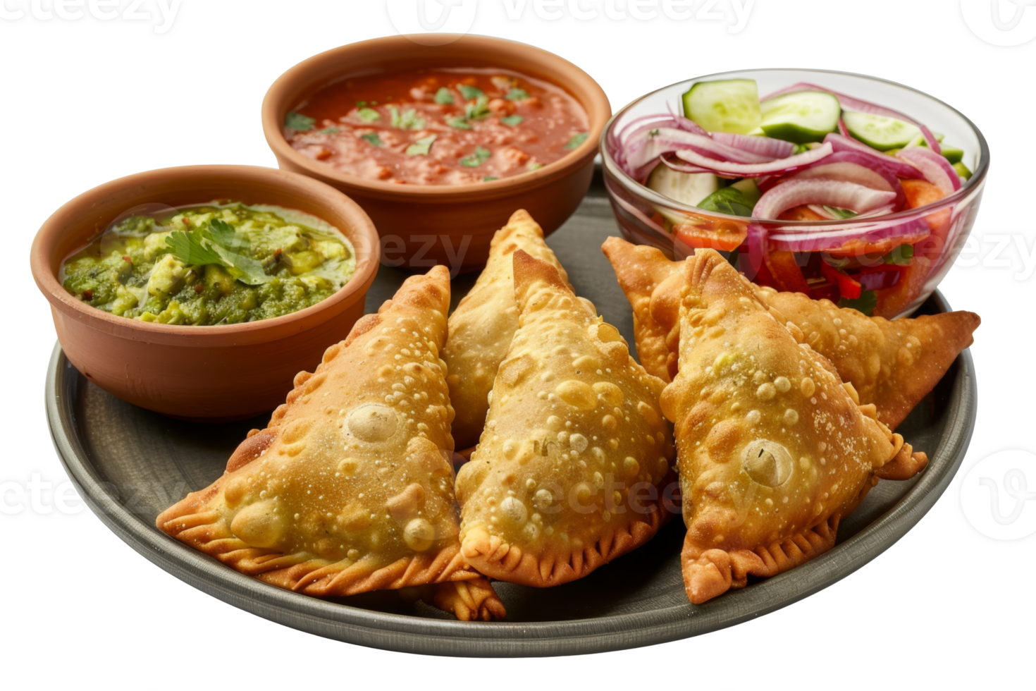 AI generated Crispy samosas with green chutney and red sauce on ...
