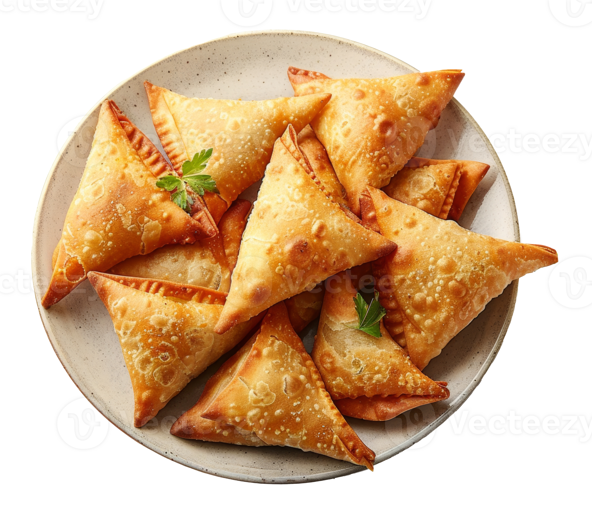 AI generated Golden fried samosas served on a white plate on ...