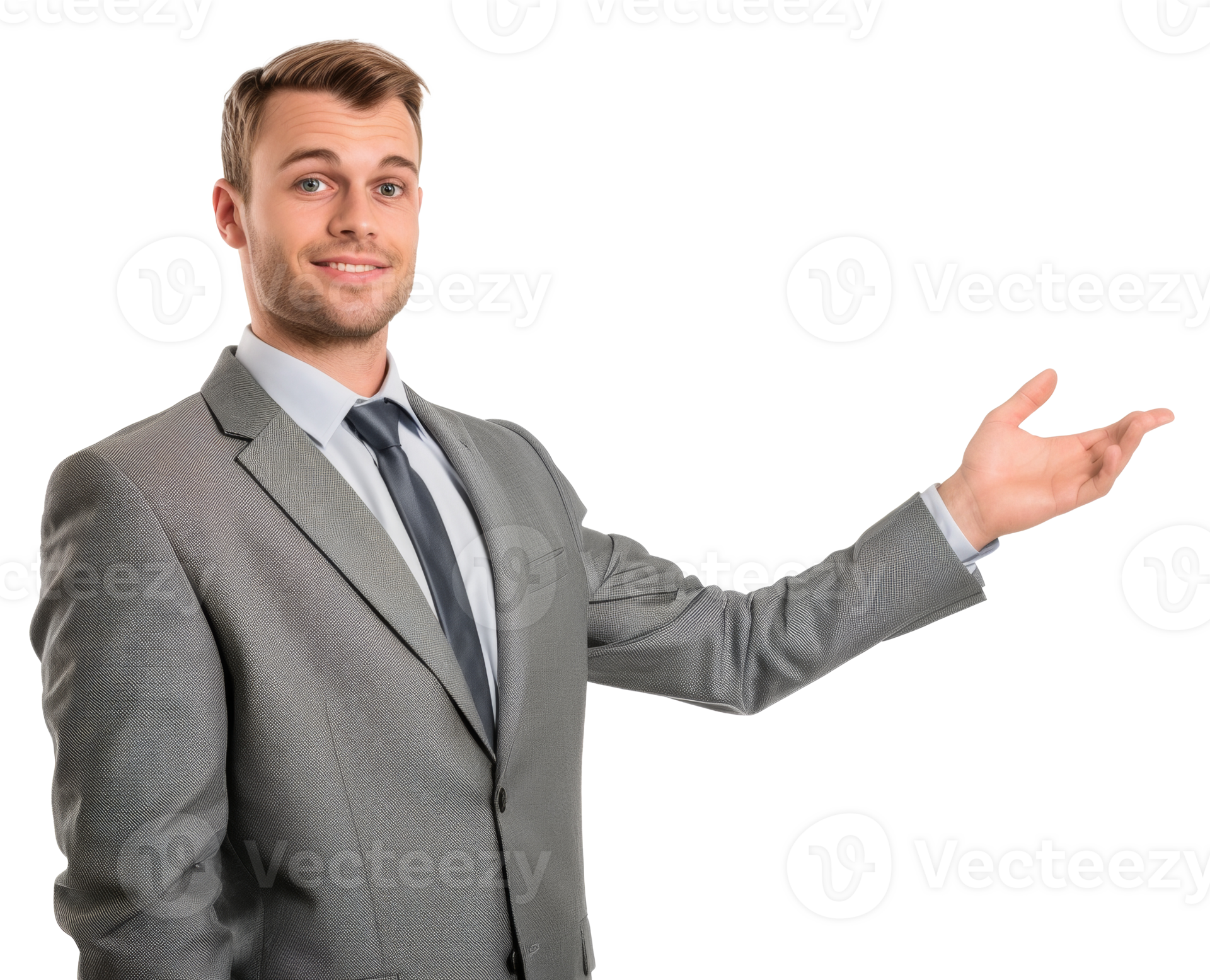 AI generated Suited man presenting with open hand on transparent ...