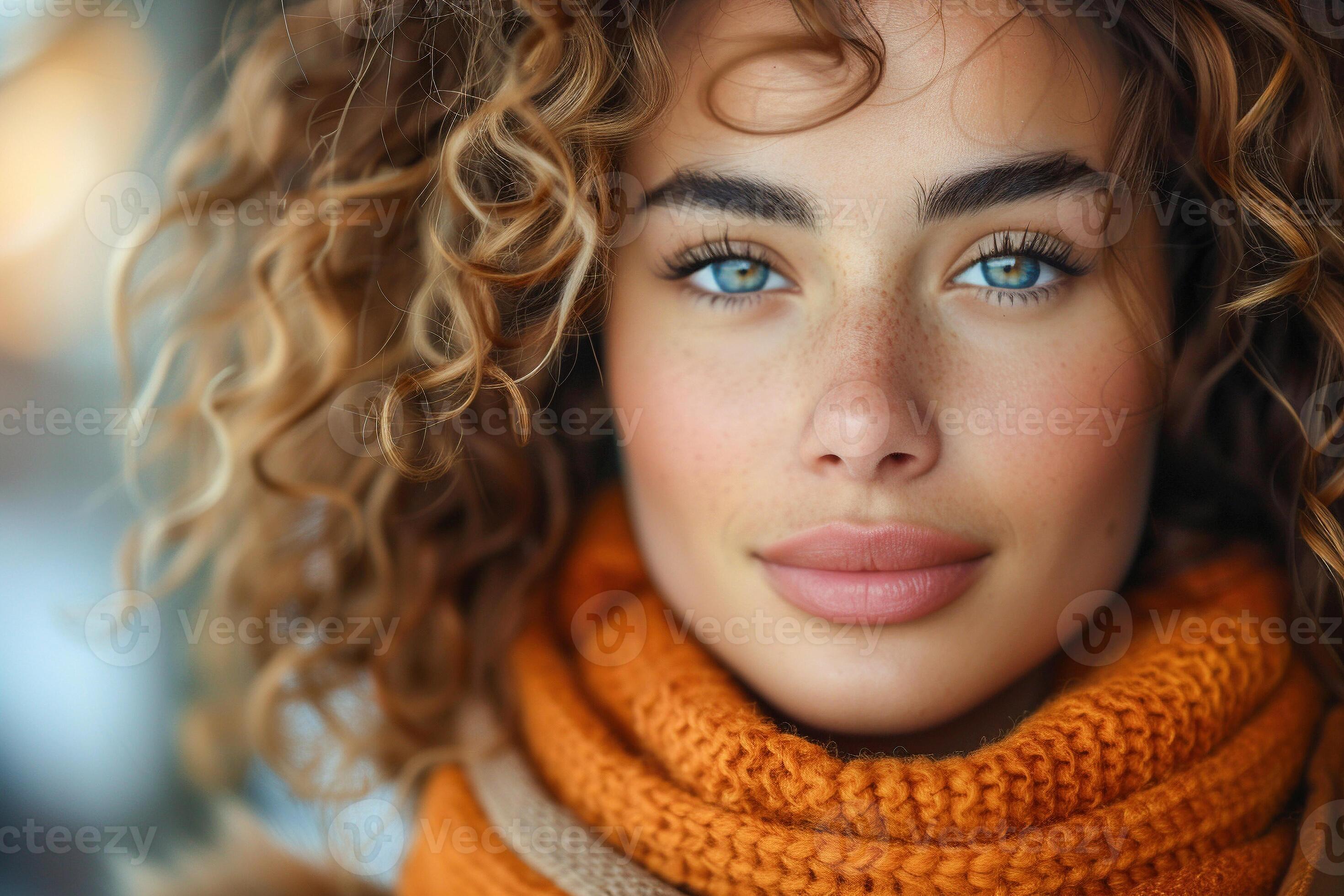 Ai Generated Smiling Woman With Curly Hair Wearing An Orange Scarf On A Snowy Day 41715401 Stock