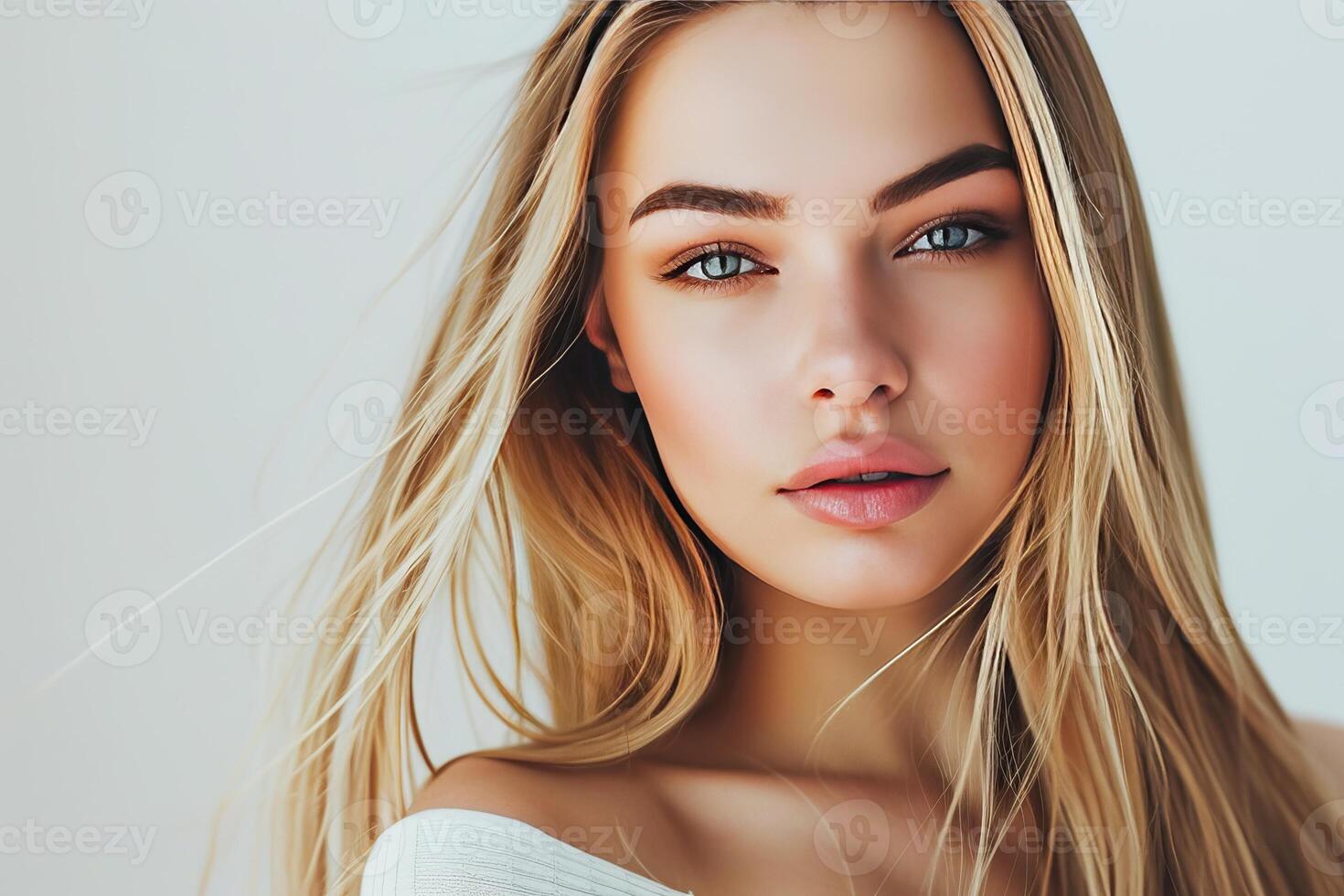 AI generated Serene Blonde Woman With Striking Blue Eyes Posing Against a Soft White Background ...
