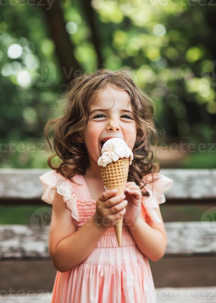 Ai Generated Young Girl Enjoying Vanilla Ice Cream Cone In The Park On