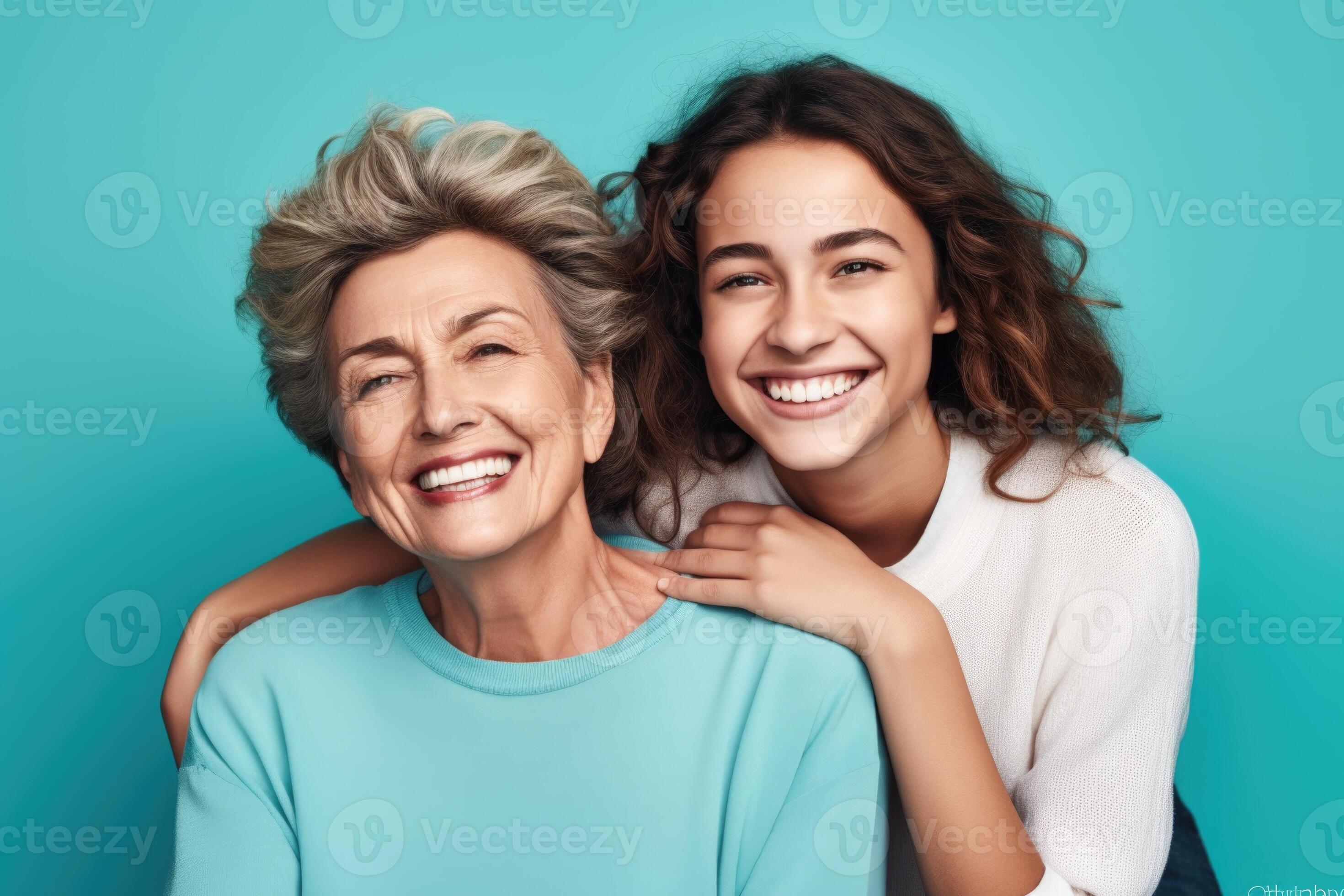 Ai Generated Happy Mother And Daughter Embracing On Blue Background