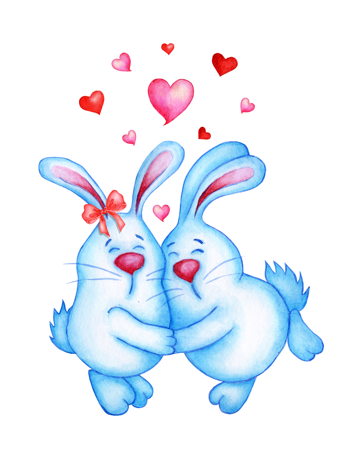 Watercolor Illustration Two Cute Blue Rabbits Are In Love With Each