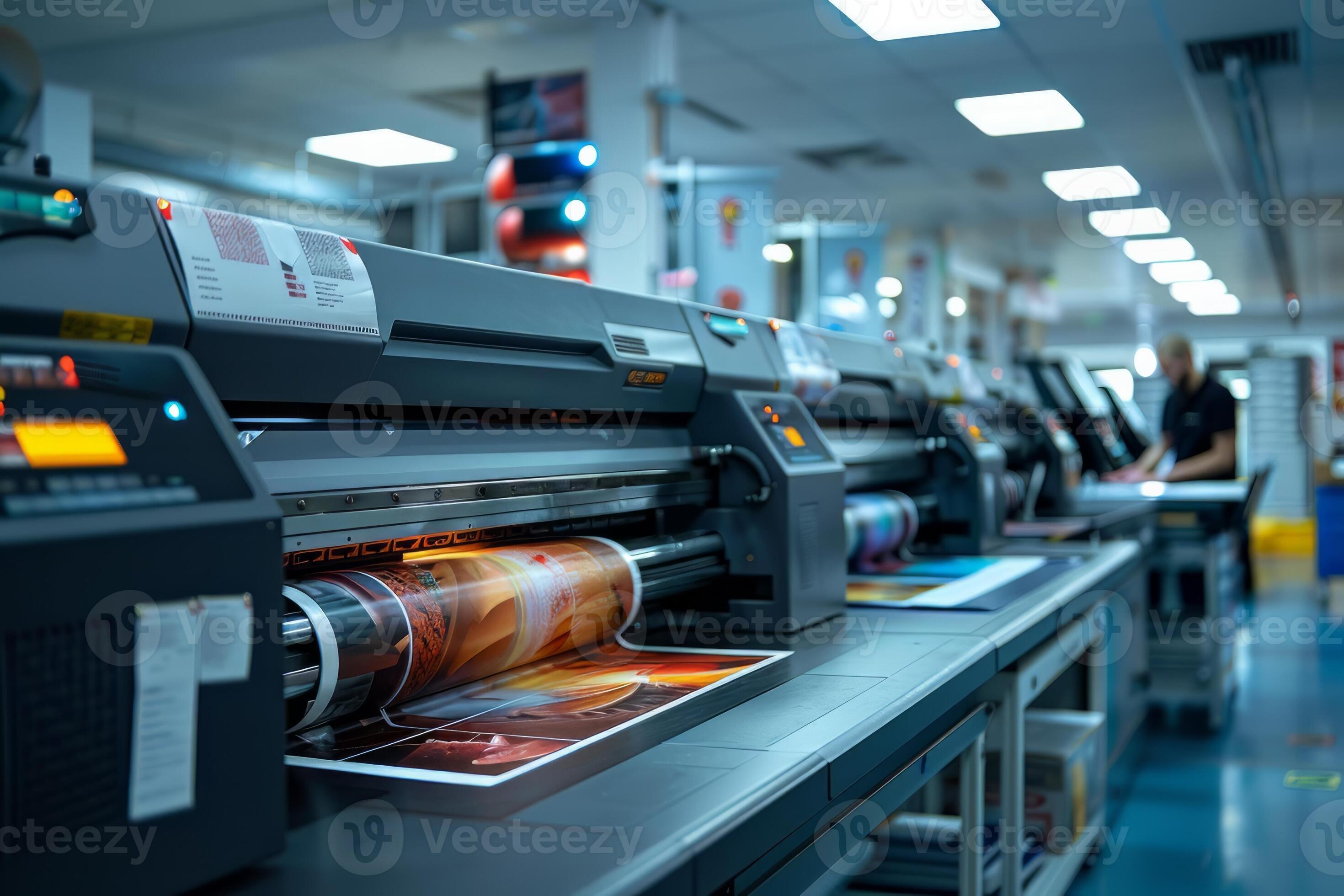 AI generated Industrial printing machines producing vibrant prints in a modern printing facility ...