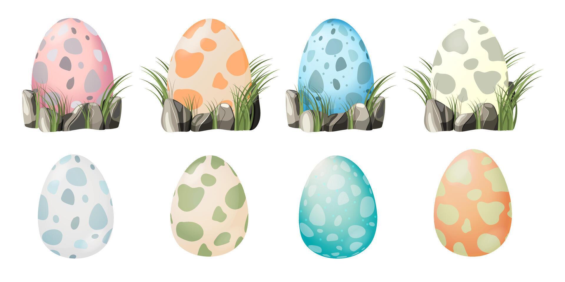 Dinosaur nest with eggs. Set of spotted reptile eggs. Nest of rocks and ...