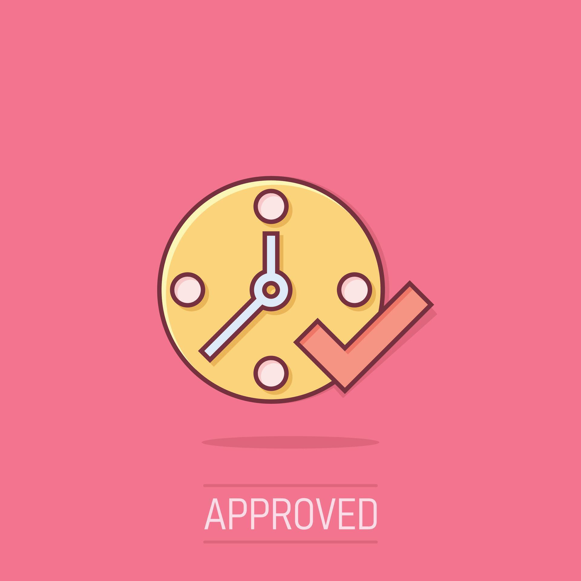 Clock Check Mark Icon In Comic Style Timer Approval Cartoon Vector