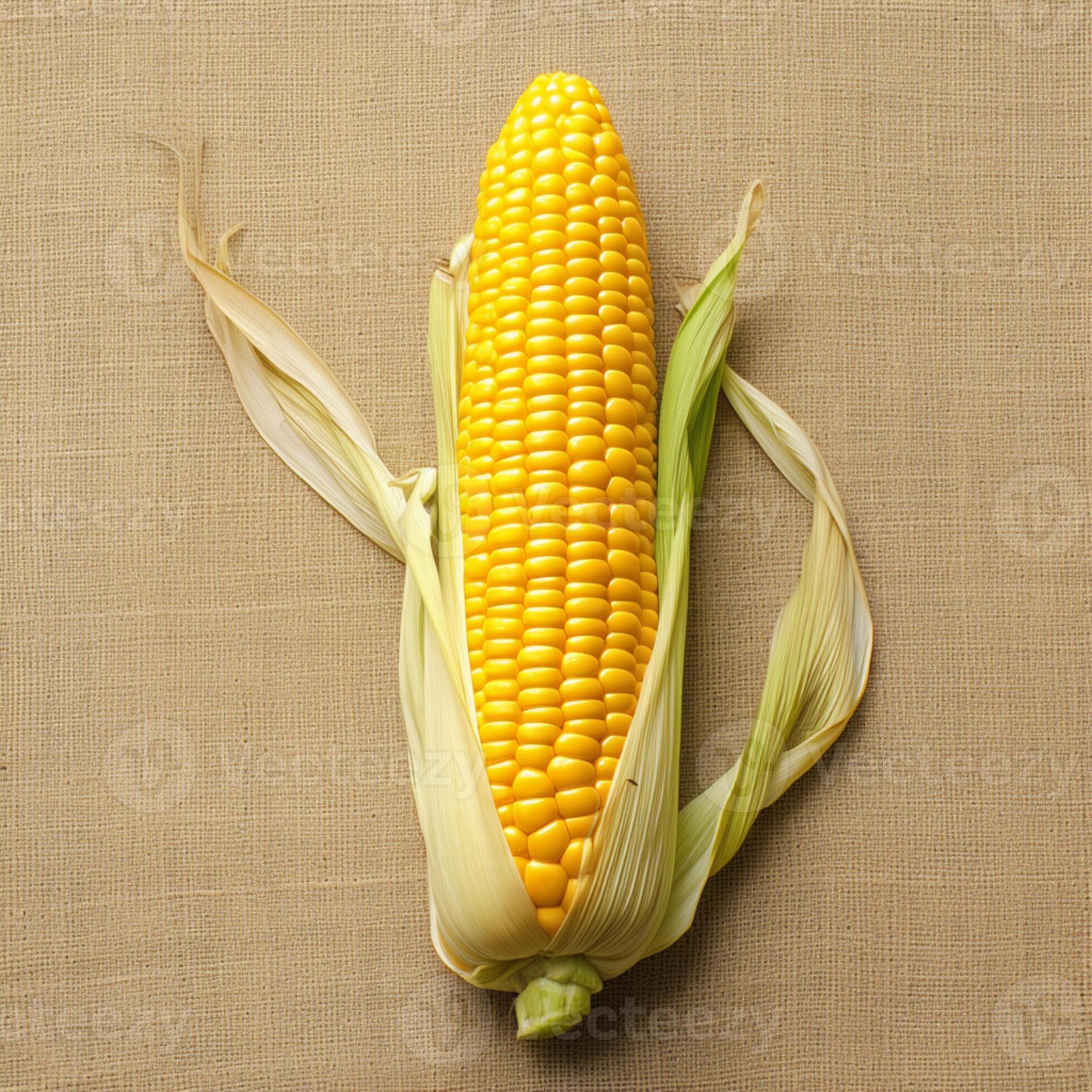 Ai Generated Isolated Corn Cob On Textured Brown Sackcloth Background Side View For Social