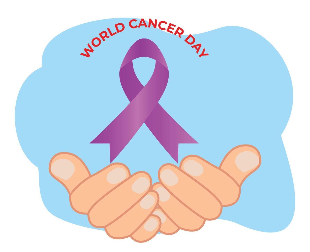 World Cancer Day Poster With Hands Hold Purple Ribbon Respect To World