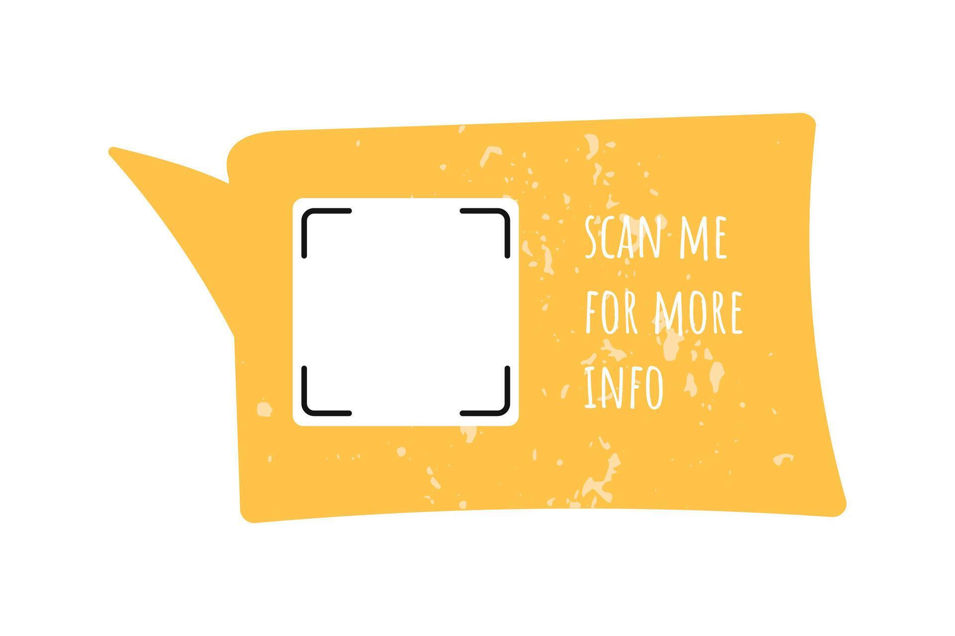 Textured yellow rectangular doodle speech bubble with space for a QR code and the inscription ...
