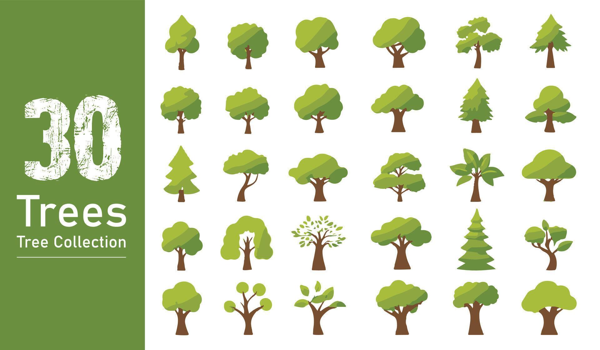 silhouette tree line drawing set, Side view, set of graphics trees ...