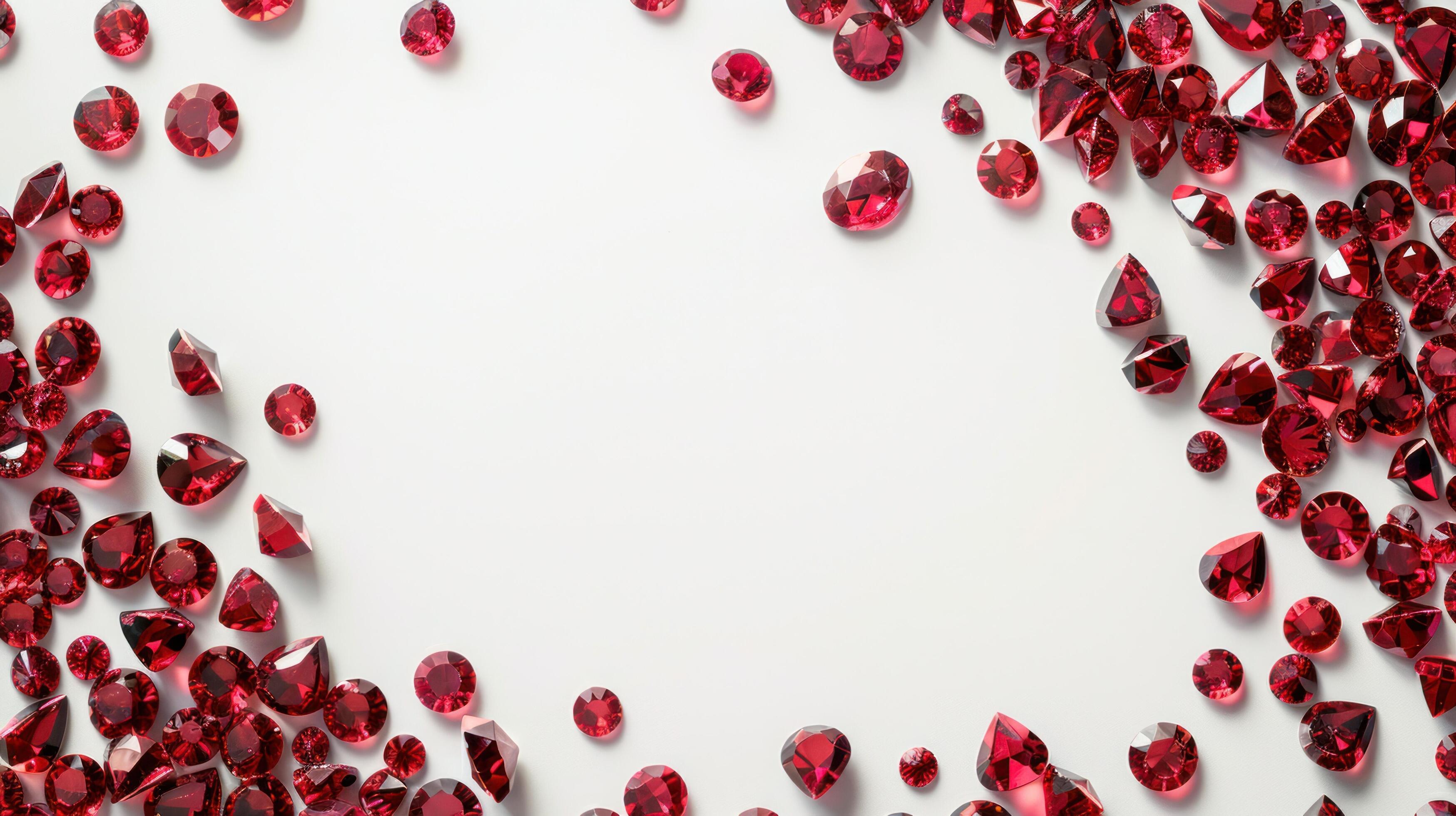 AI generated Ruby gemstones scattered on a white background with empty ...