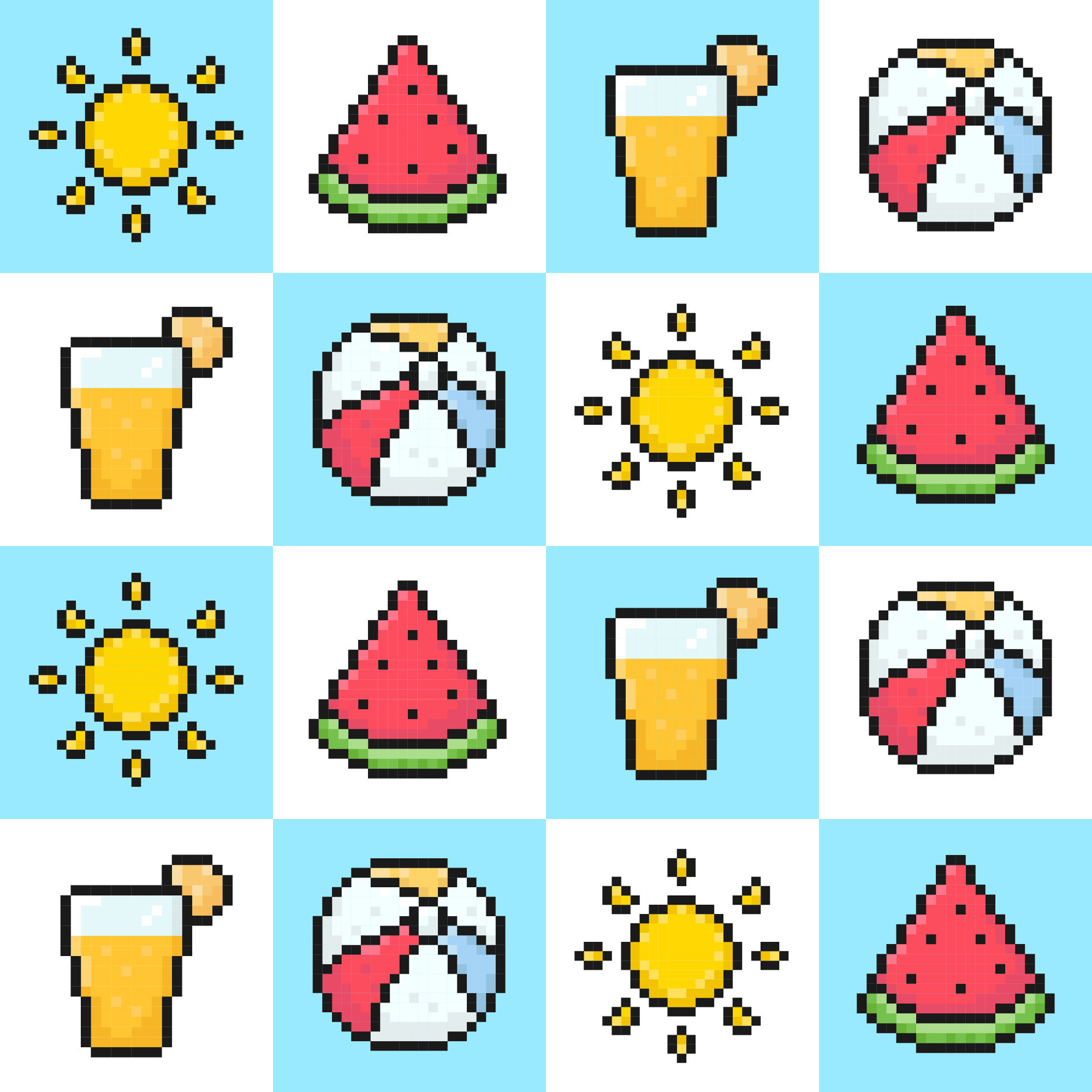 summer seamless pattern, pixel art elements, sun, juice, watermelon ...
