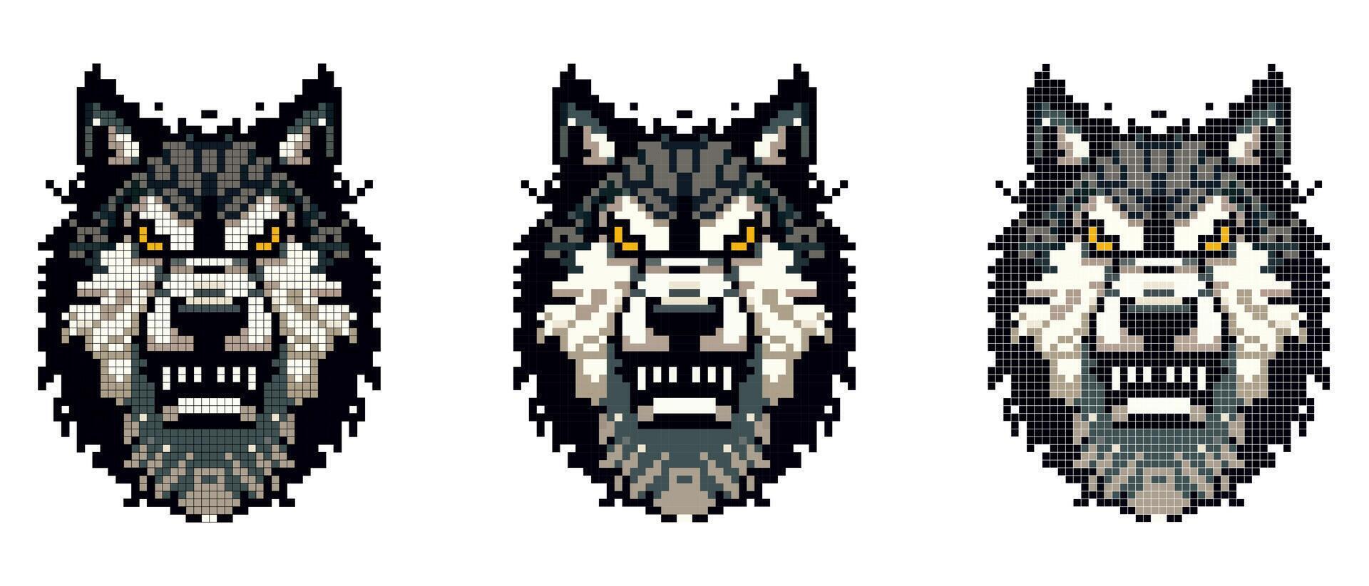 Vector pixel icon with a portrait of a gray wolf that is angry on a ...