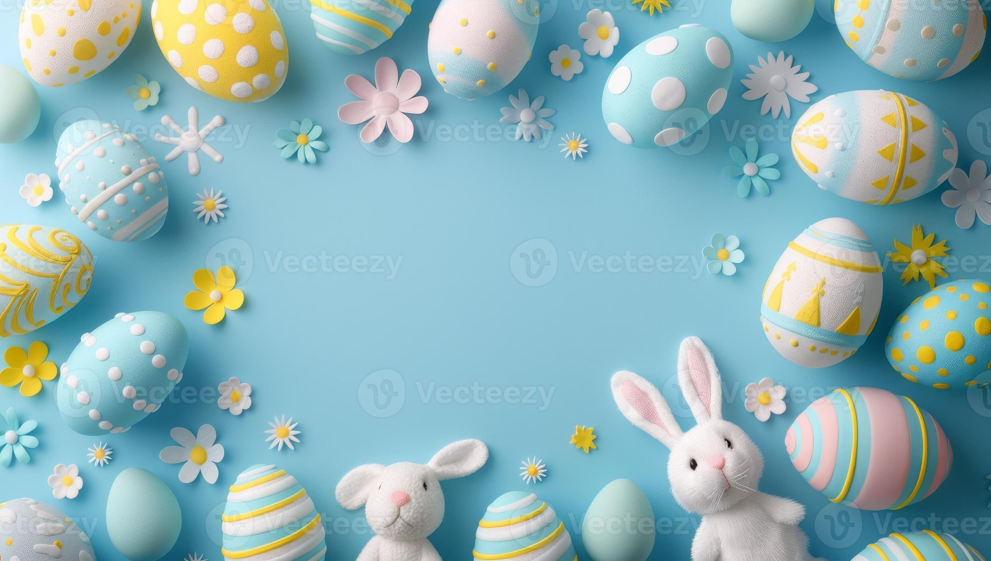 AI generated Easter background with colorful eggs, bunny and flowers on ...