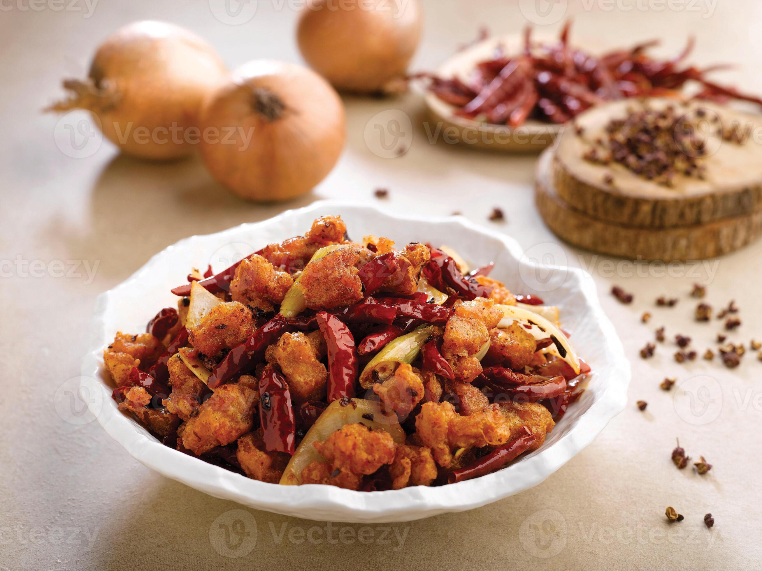Deep-fried Szechuan Diced Chicken served dish isolated on background top view food 41884674 ...