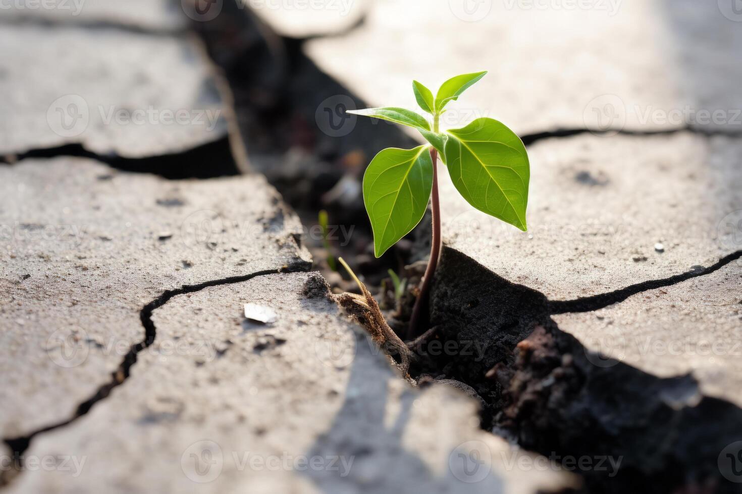 AI generated A close up of a plant pushing through cracks in concrete ...
