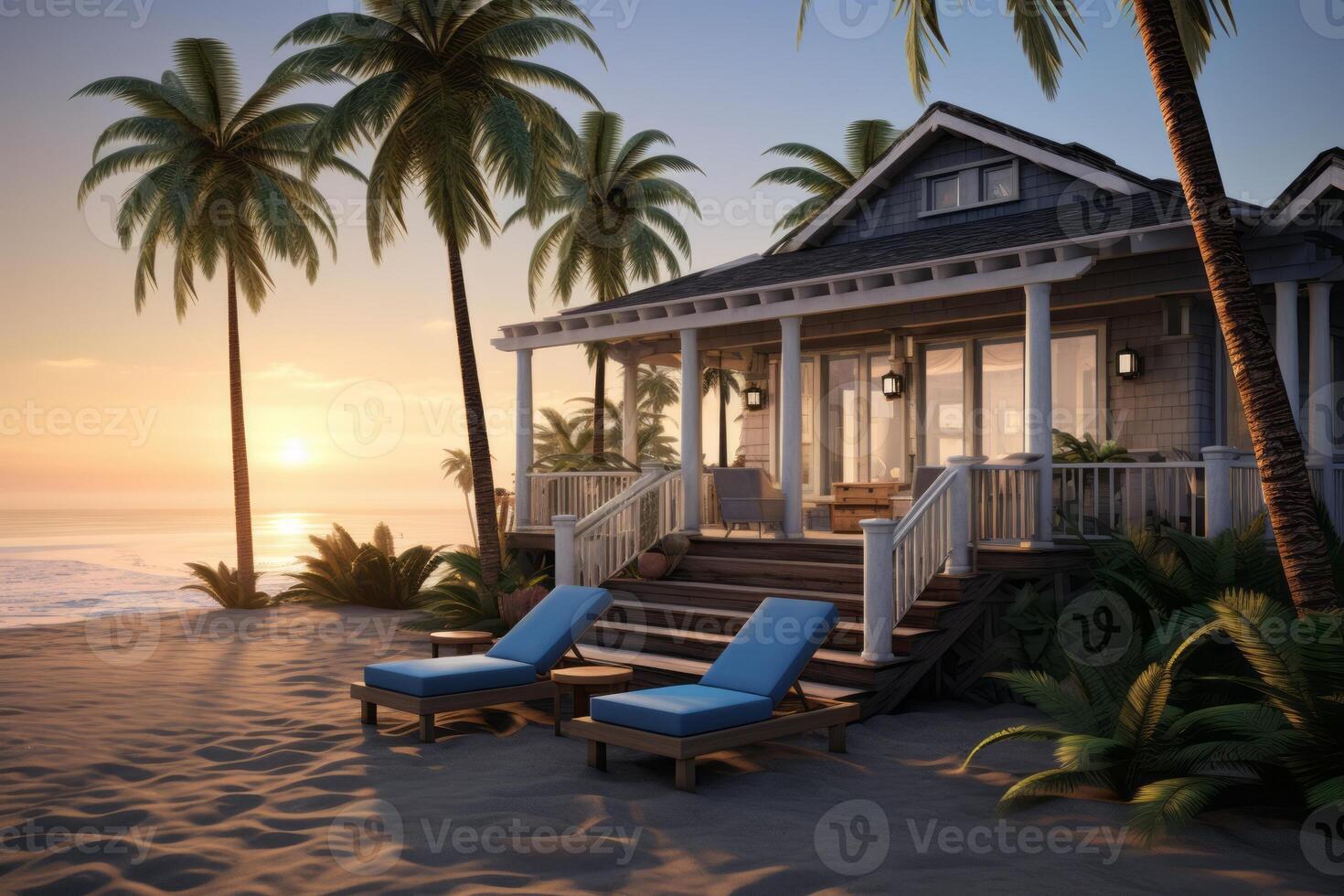 AI generated Coastal retreat captured in a scene with a cozy beach house and palm trees ...