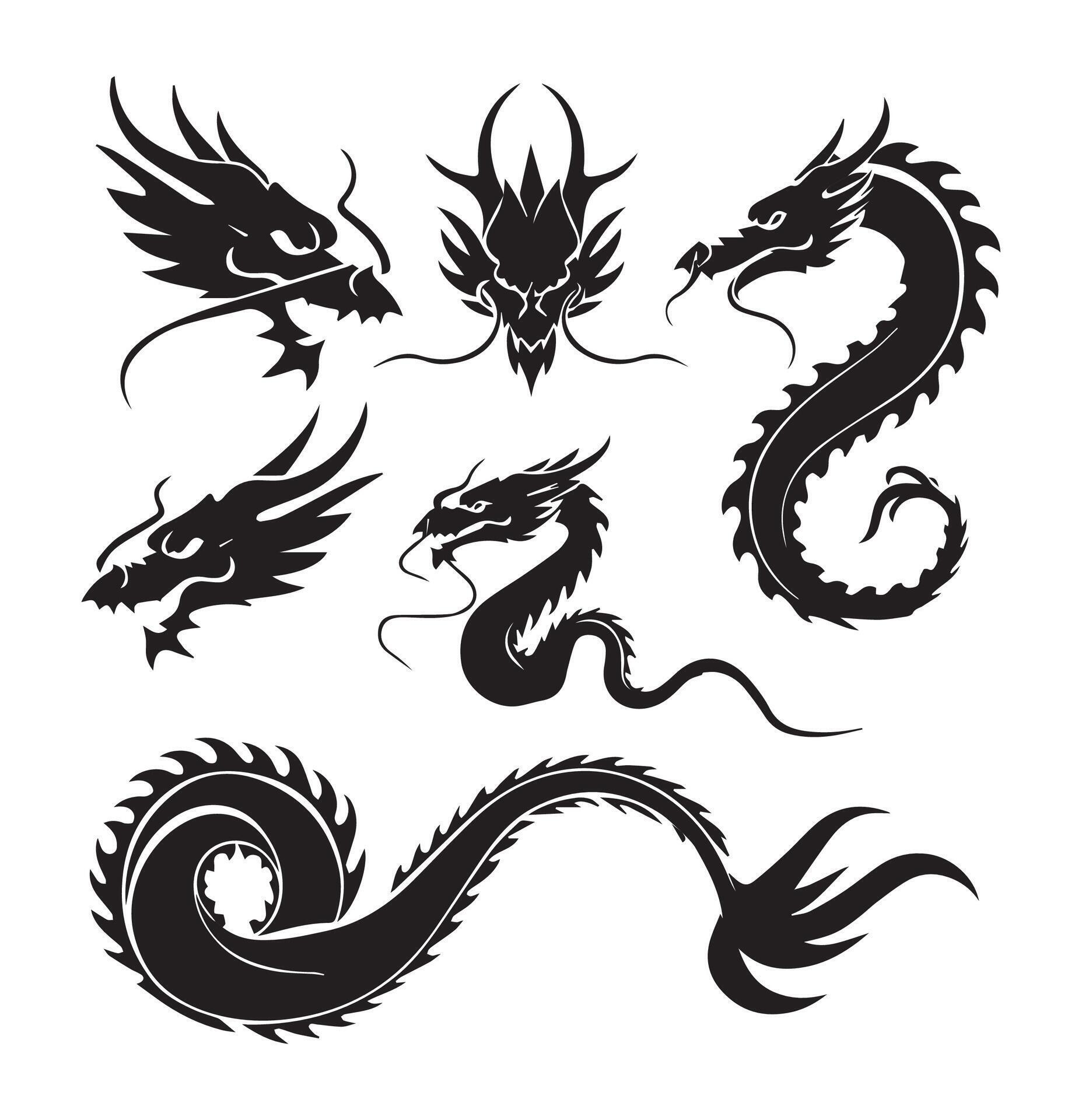 Vector Set of Three Dragons Tail Head Doodle Sketch Silhouette Tattoo ...