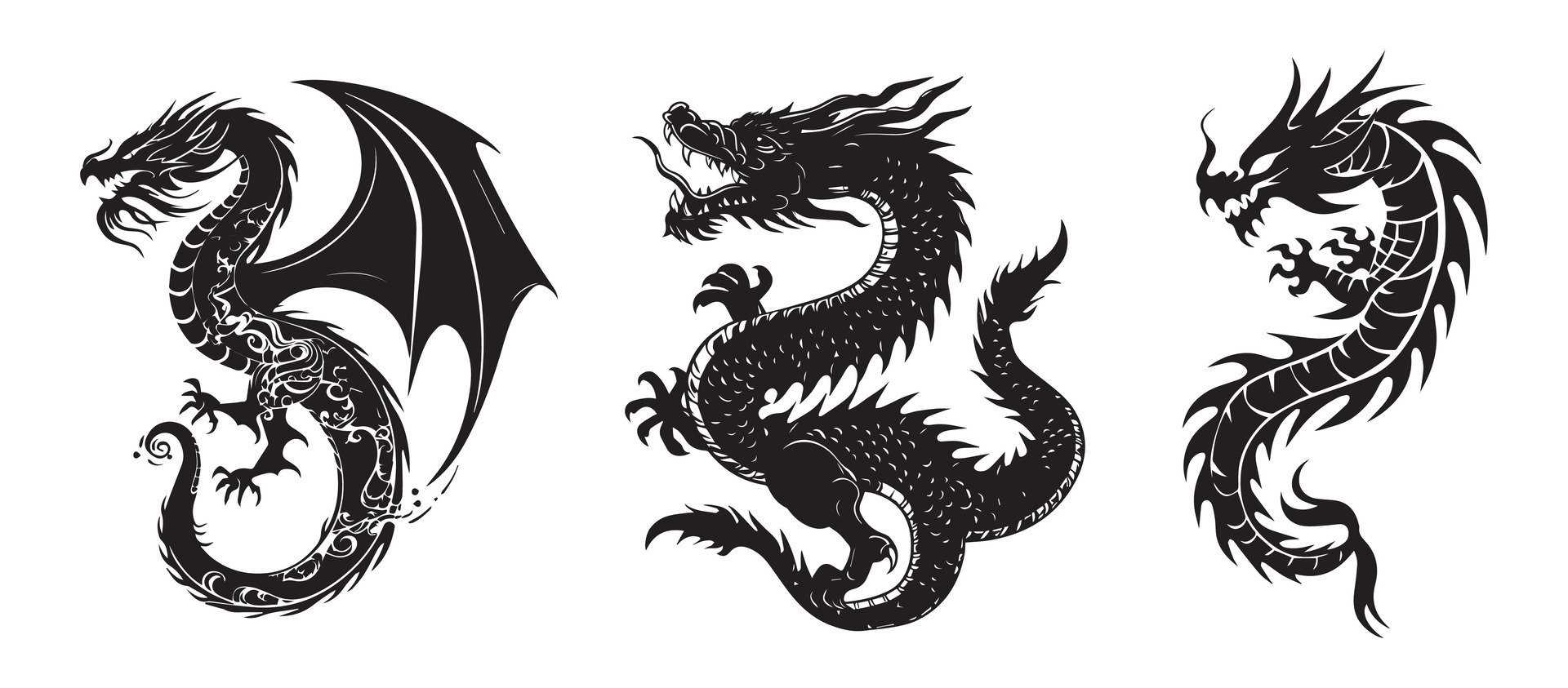 Vector set of three dragons Doodle sketch silhouette tattoo vector flat ...