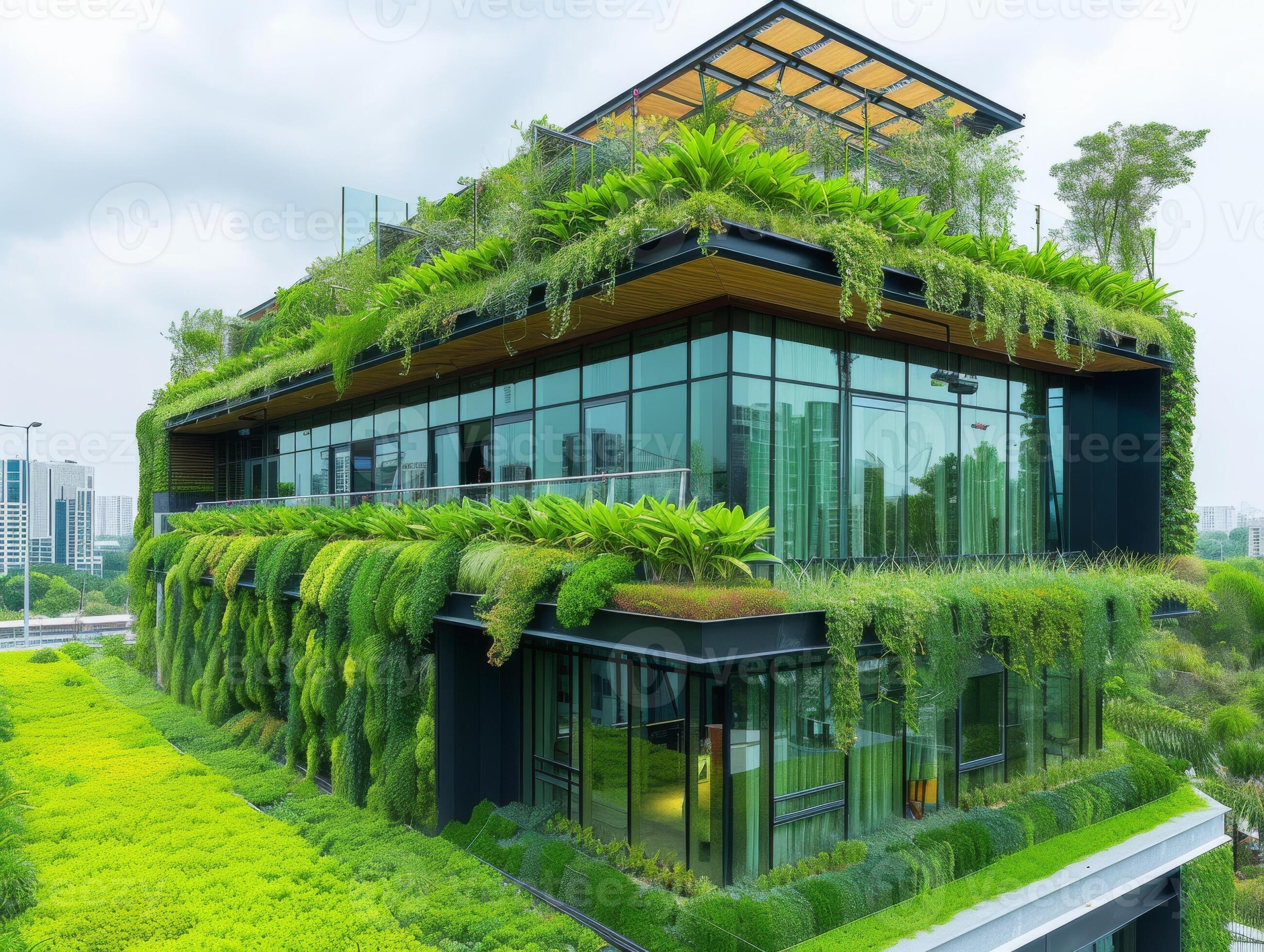 AI generated A modern office building showcasing sustainable design and green building practices ...