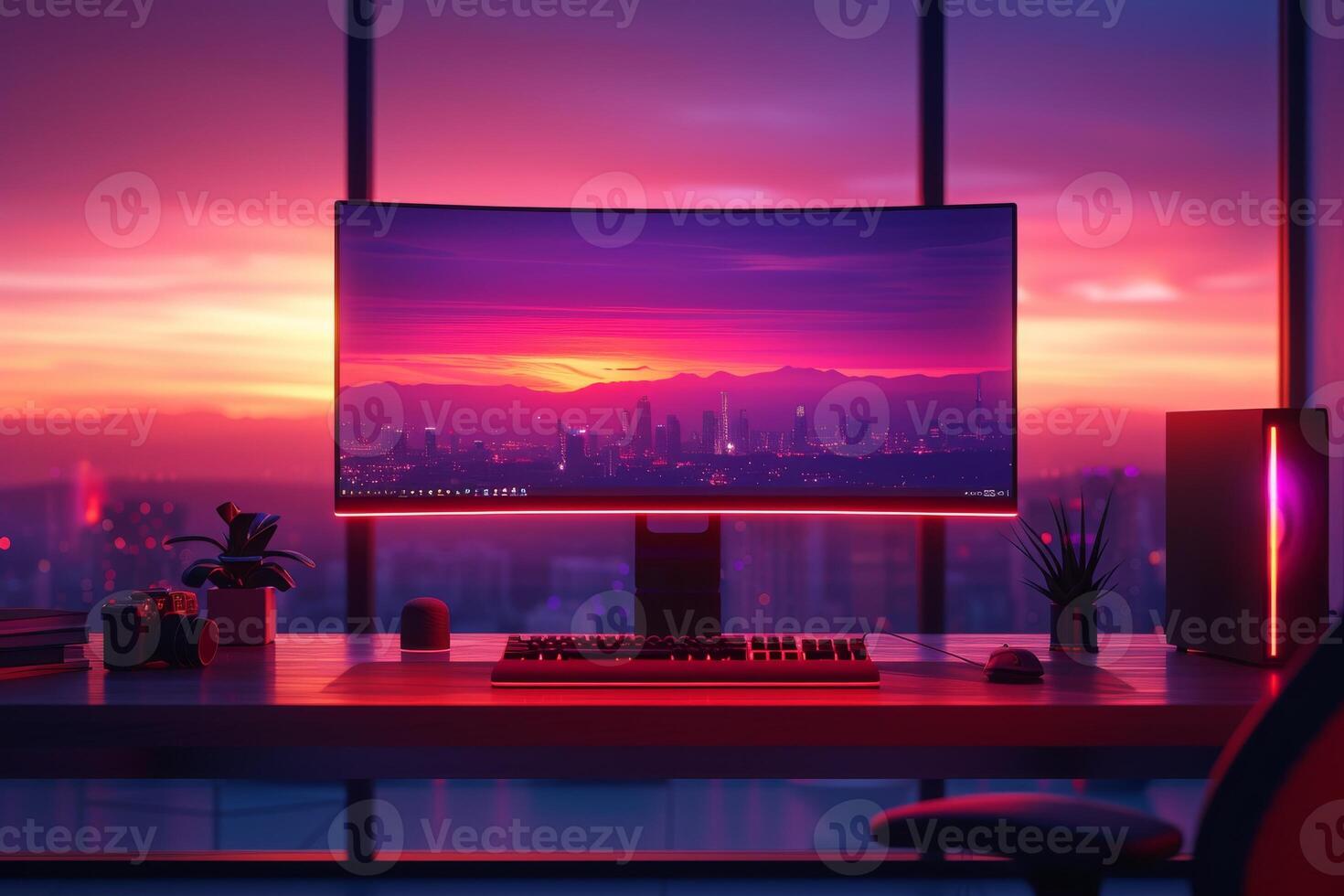 AI generated A modern PC setup featuring a sleek ultrawide monitor ...