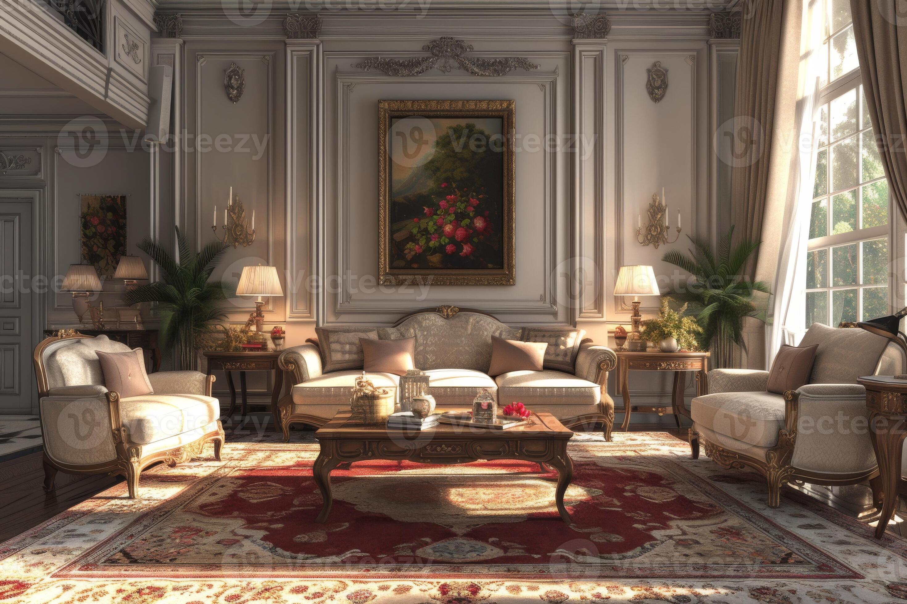 AI generated A traditional-style living room, complete with elegant ...