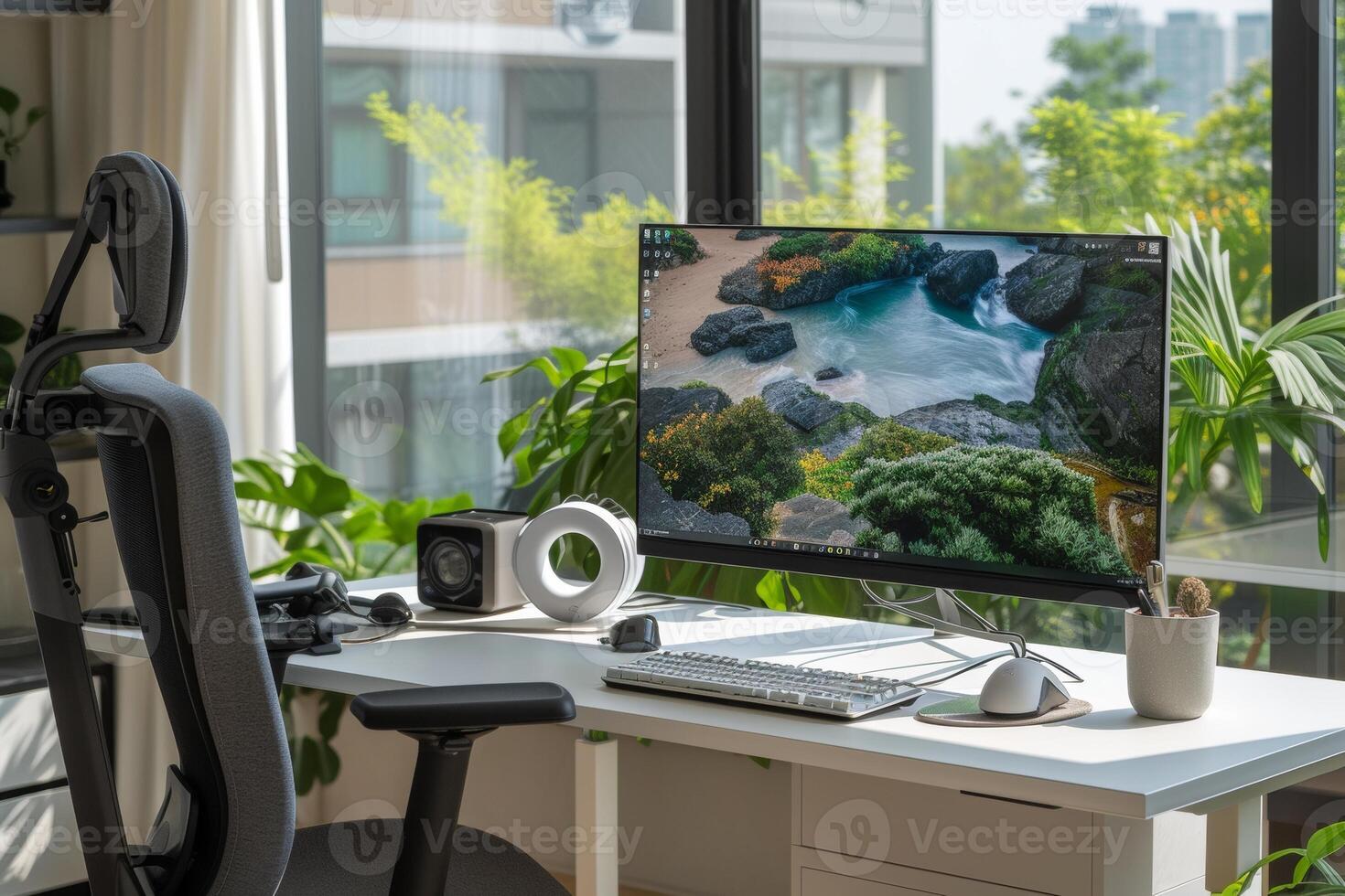AI generated A modern PC setup featuring a standing desk with ...