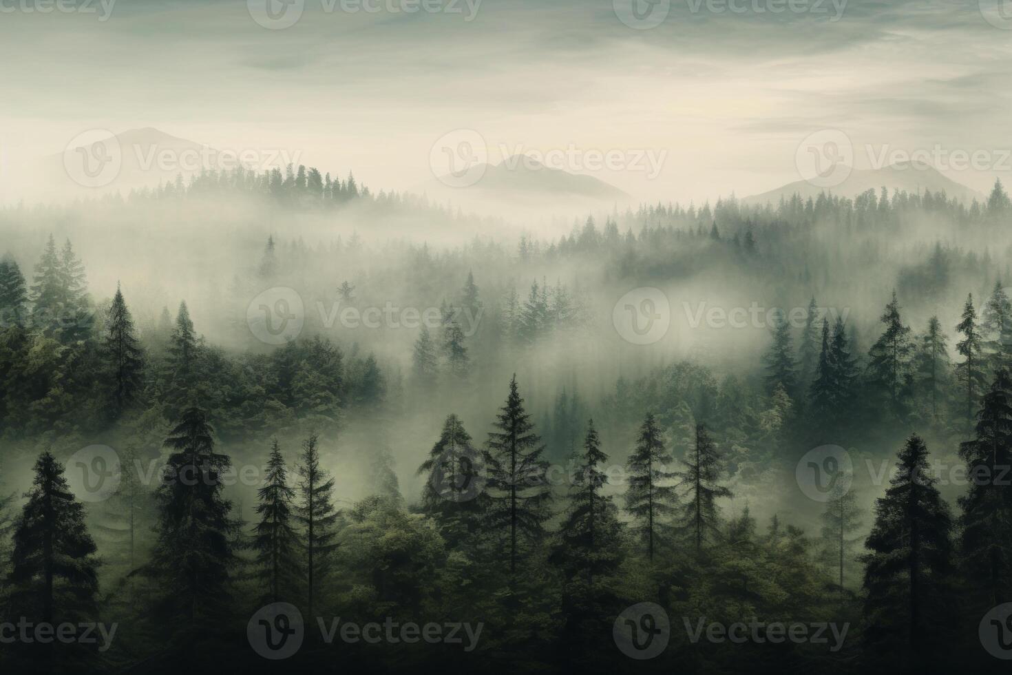 AI generated Misty forest landscape with trees fading into the distance ...