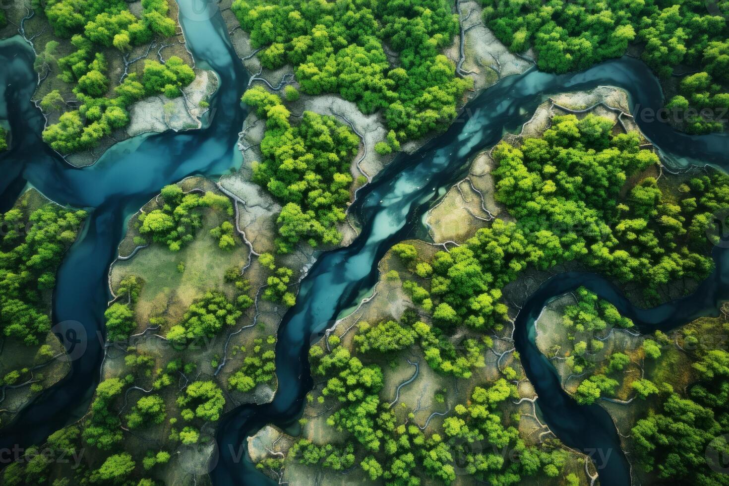 AI generated Aerial view of a meandering river cutting through lush landscapes. Generative AI ...