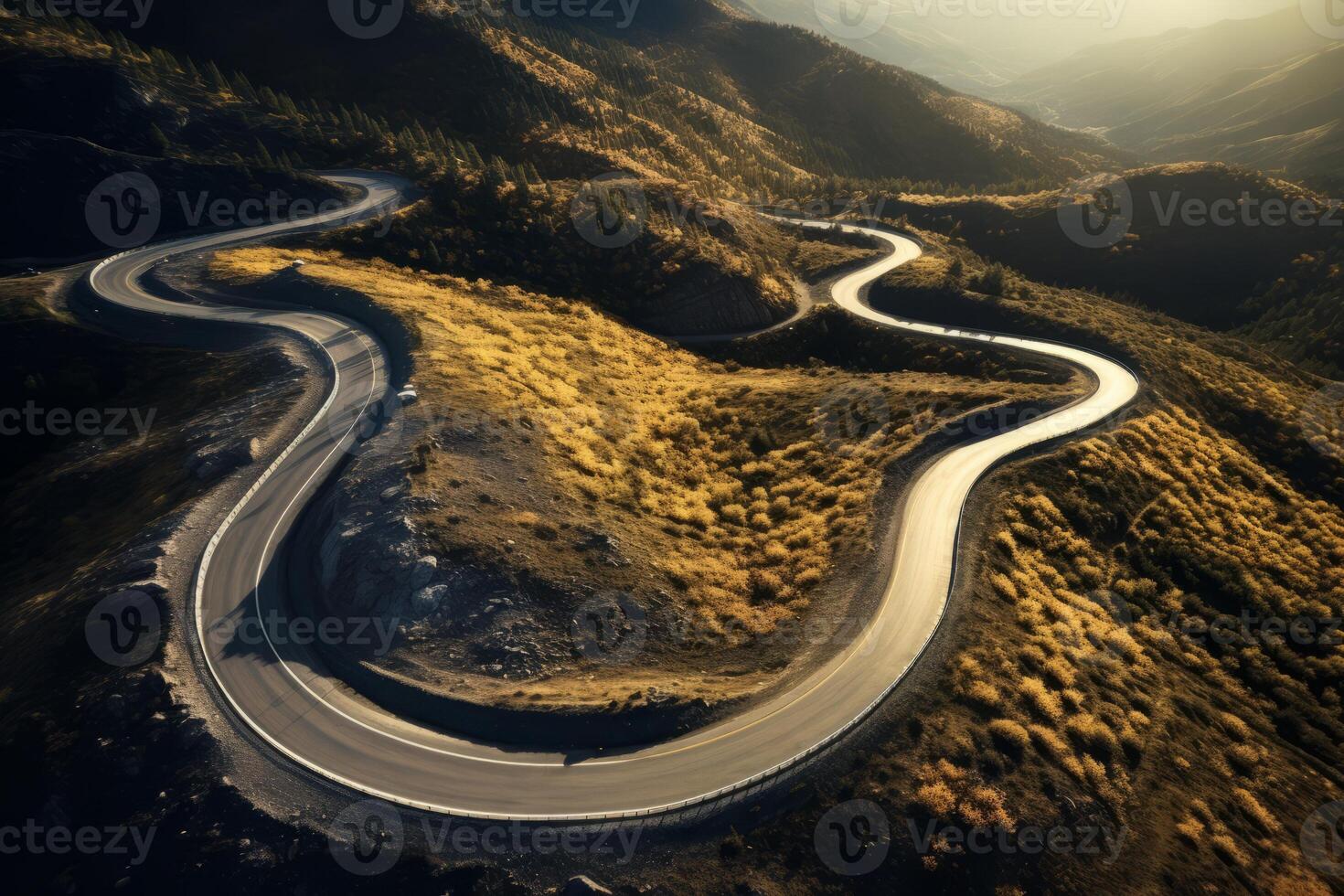 AI generated Aerial view of a winding road captured through drone ...