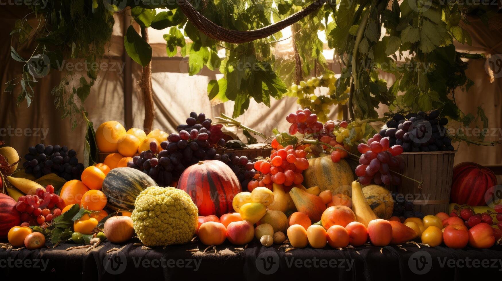 AI generated fruits and vegetables displayed on a table inside a Sukkah. Generative AI 41902392 ...