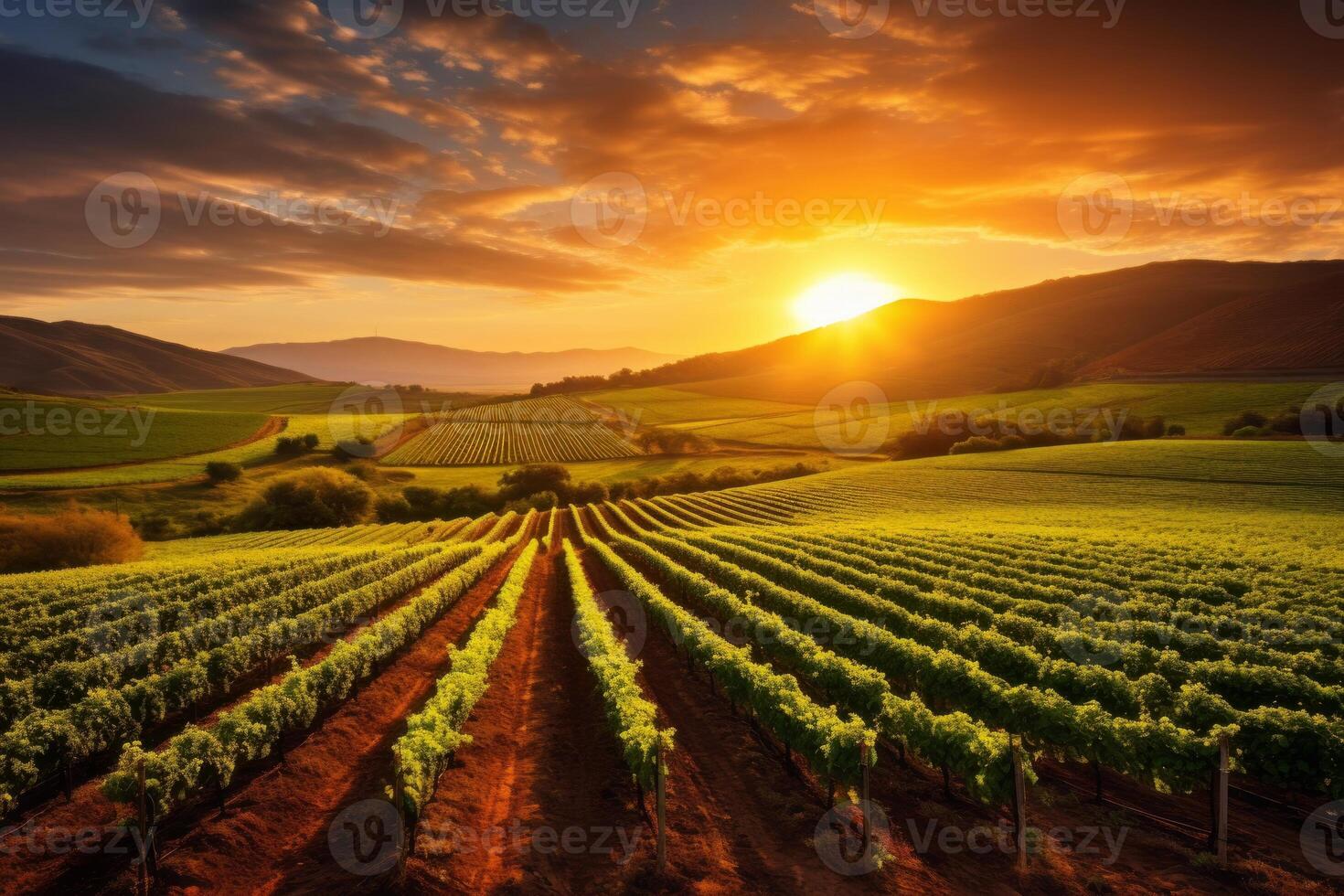 AI generated Rolling vineyards with neat rows of grapevines under a warm sunset. Generative AI ...