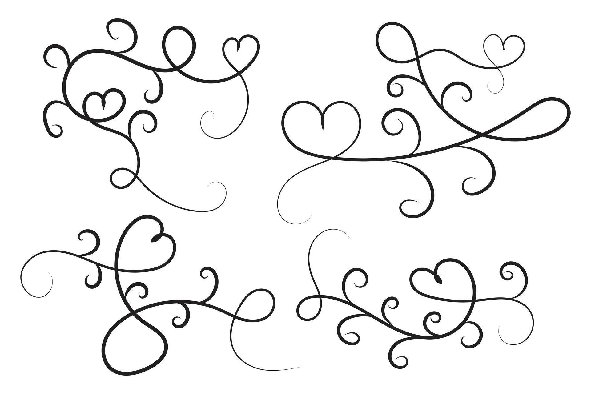 Filigree curly Calligraphic Heart, Fancy Line Flourishes Swirls hearts, curve romantic love sign ...