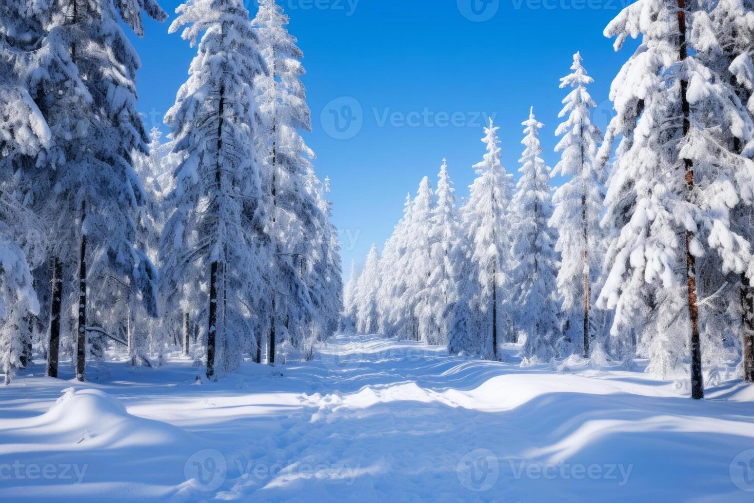 AI generated Snow-covered forest under a clear winter sky background ...