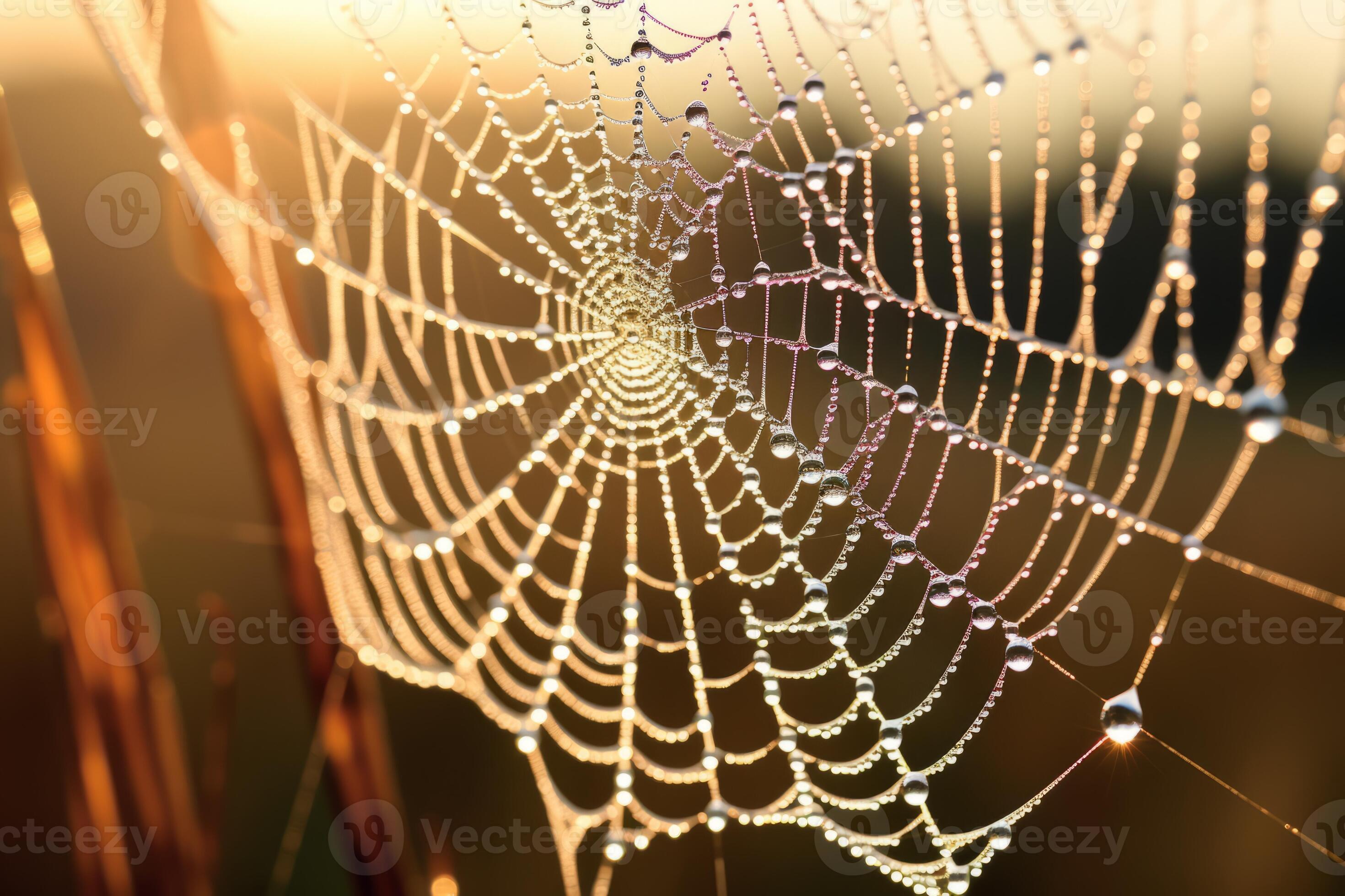 AI generated Close-up of a dew-covered spiderweb in the early morning ...