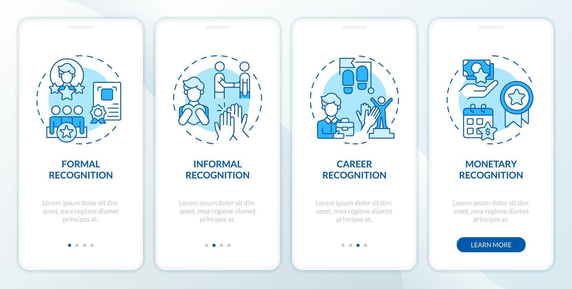Types Of Employee Recognition Blue Onboarding Mobile App Screen Walkthrough 4 Steps Editable