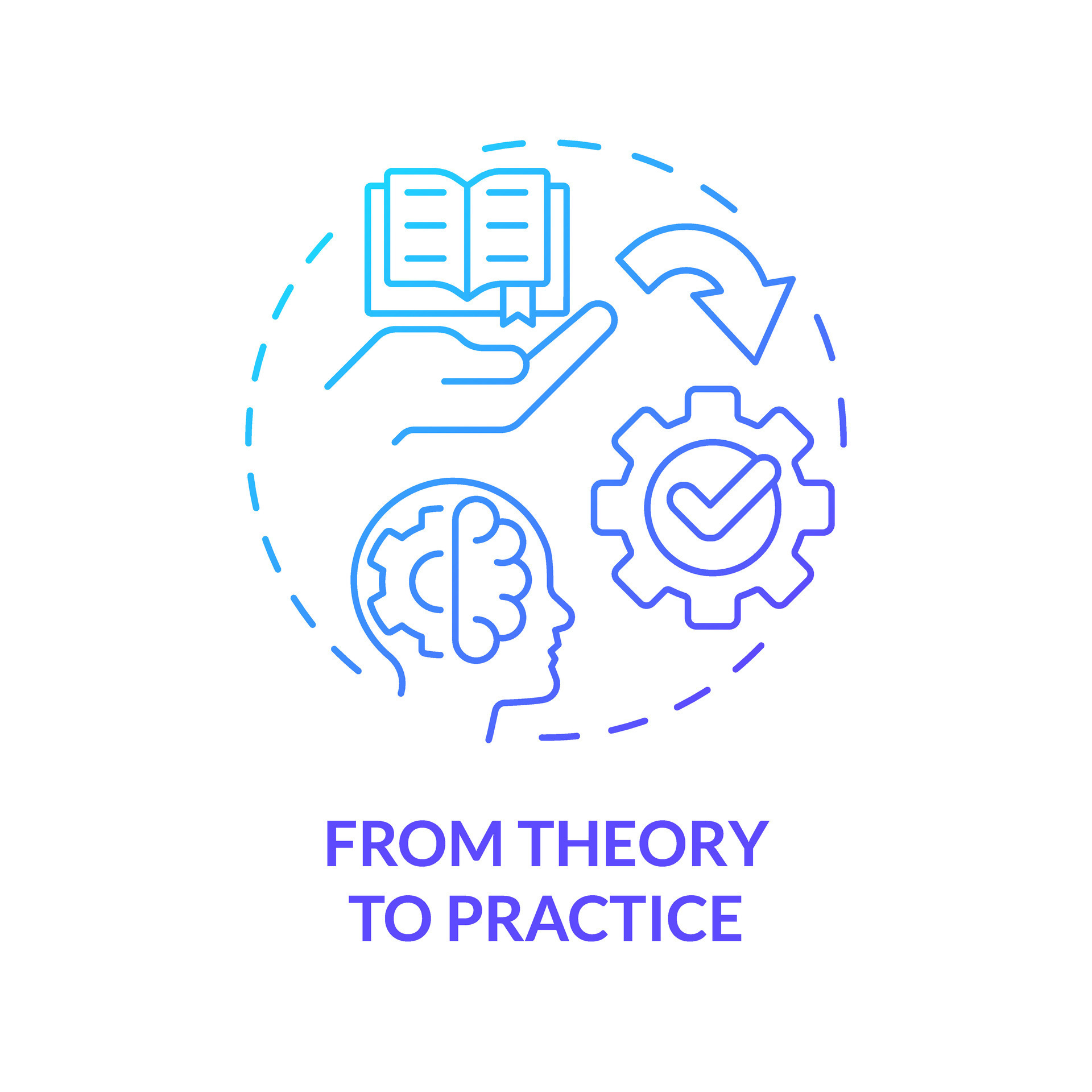 desde teoría a práctica azul degradado concepto icono. aplicar teórico ...