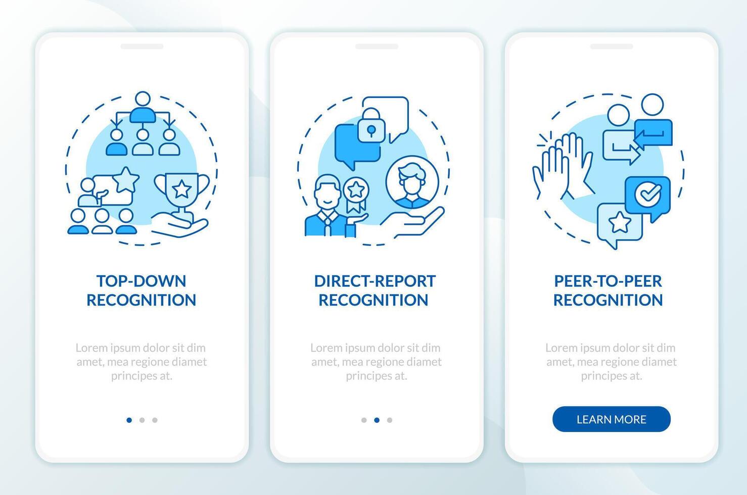 Employee recognition forms blue onboarding mobile app screen. Walkthrough 3 steps editable ...