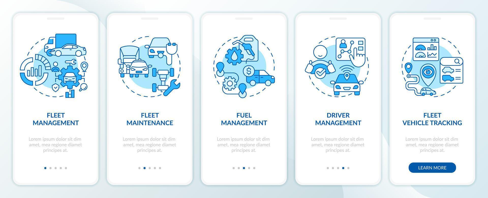 Car fleet management blue onboarding mobile app screen. Walkthrough 5 steps editable graphic ...