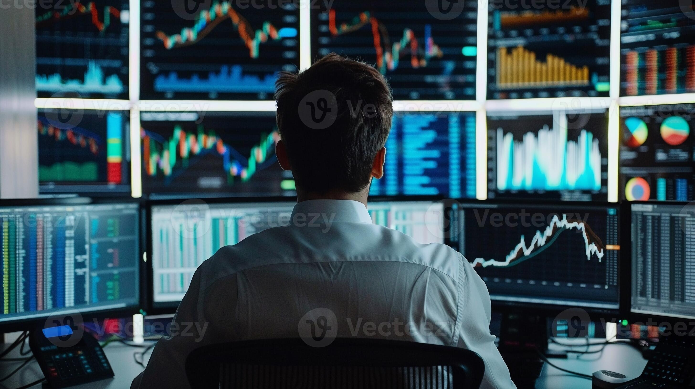 AI generated A man in business attire concentrating on multiple ...