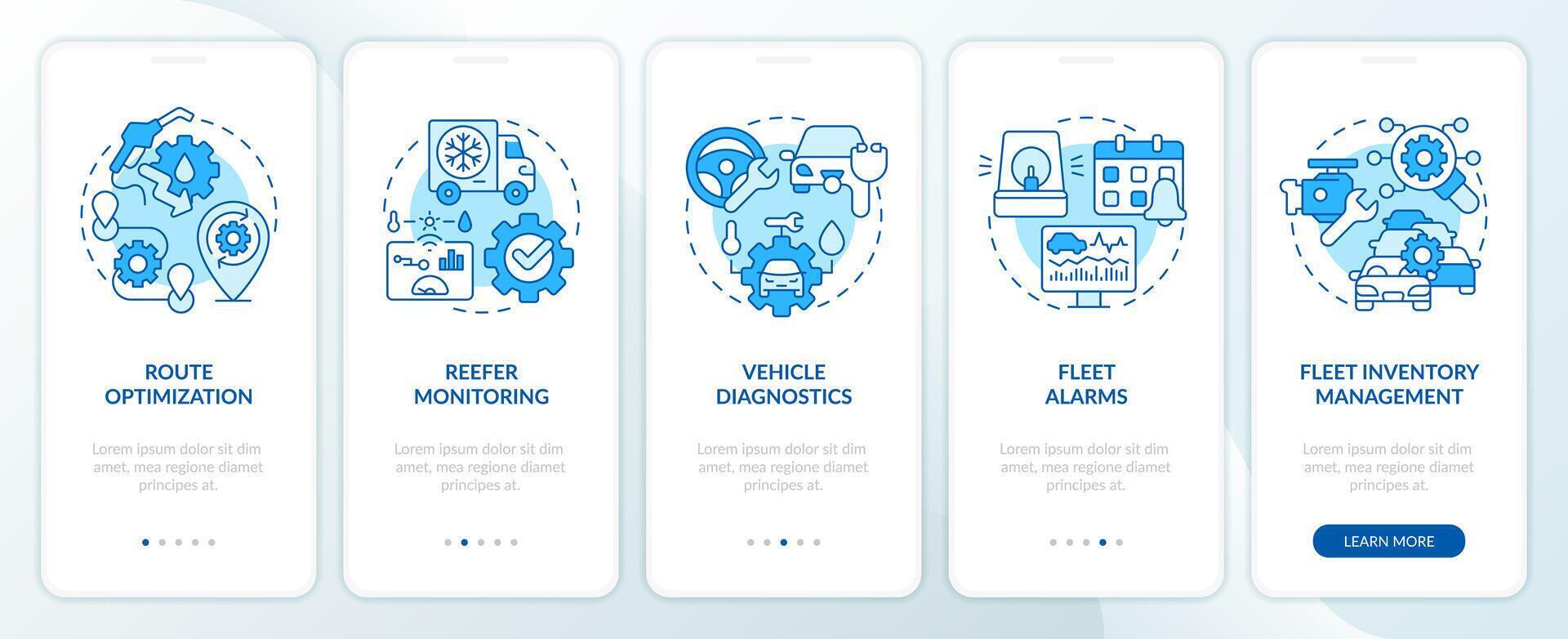 Vehicle Diagnostics System Blue Onboarding Mobile App Screen Walkthrough 5 Steps Editable