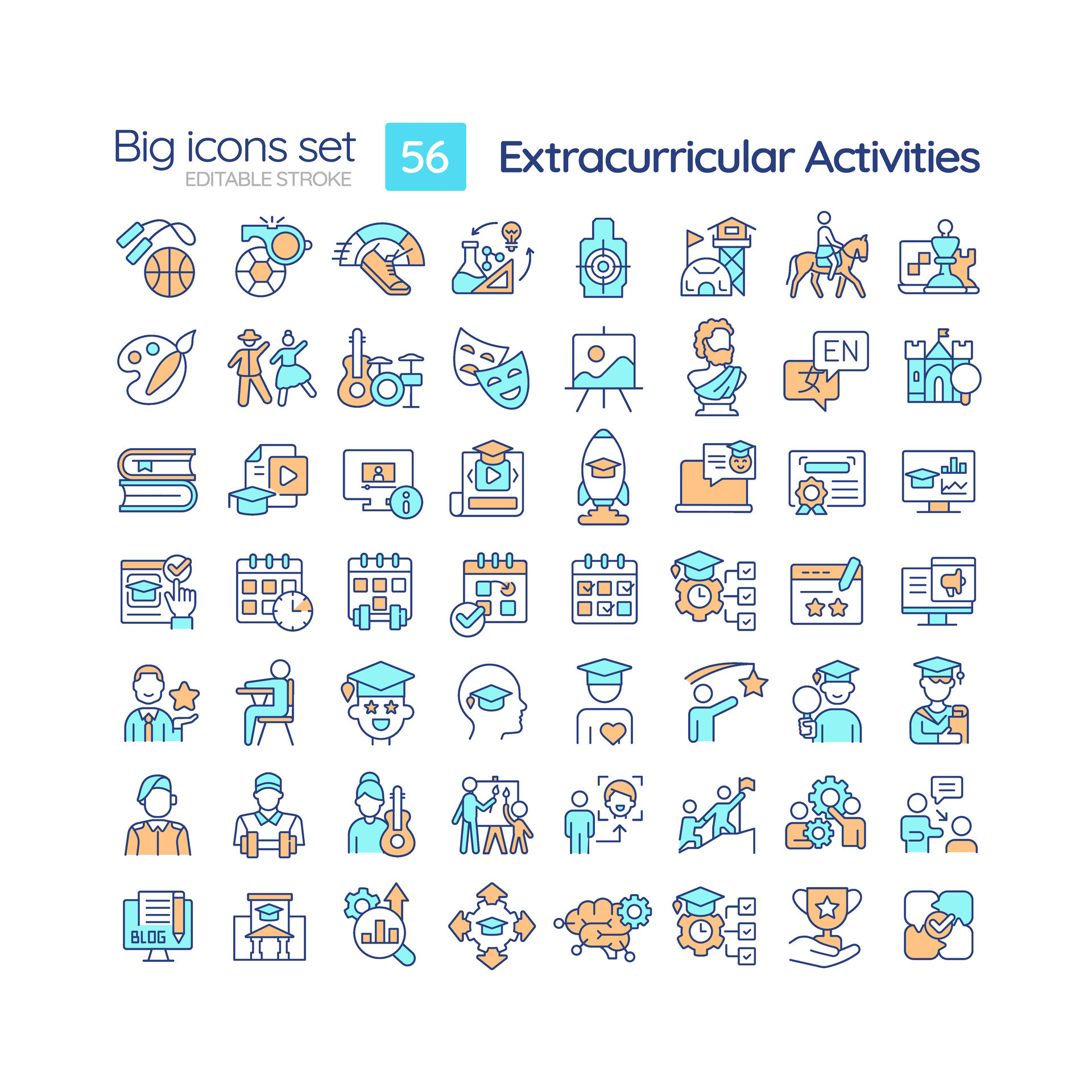2D editable multicolor big simple icons set representing extracurricular activities, isolated ...