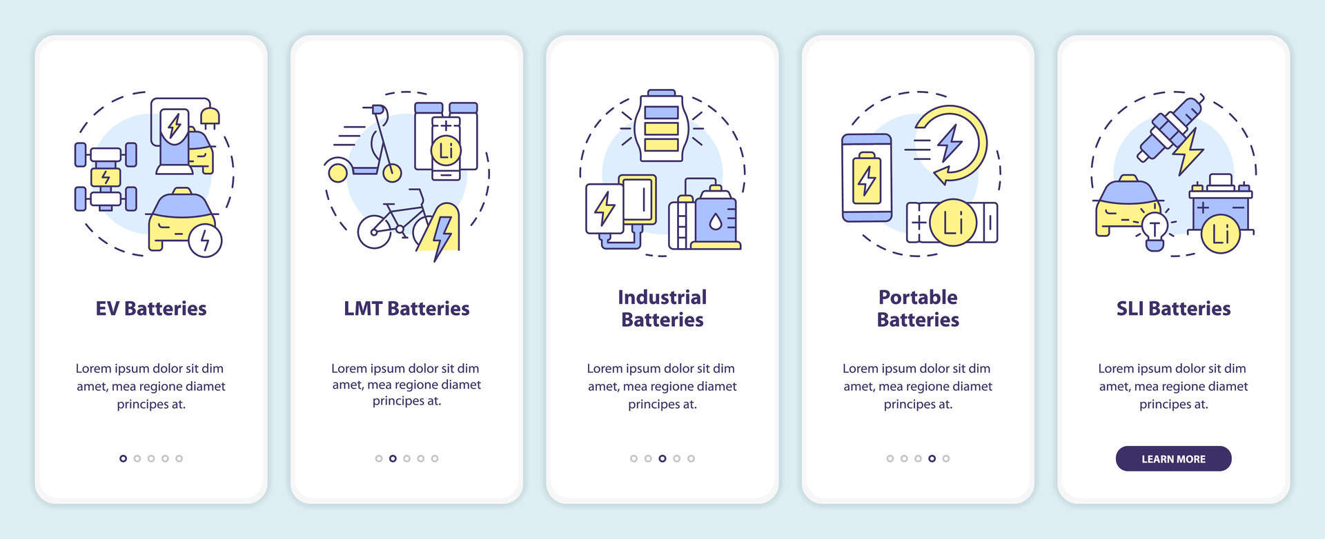 Battery Types Onboarding Mobile App Screen Energy Transition Walkthrough 5 Steps Editable