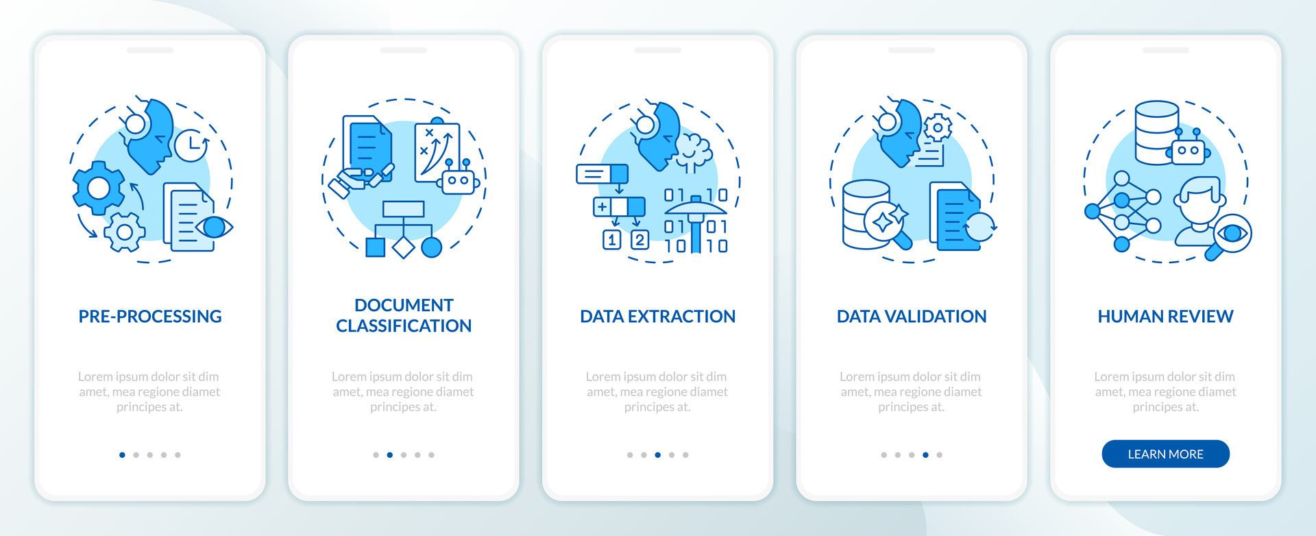 Document processing steps onboarding mobile app screen. Walkthrough 5 ...